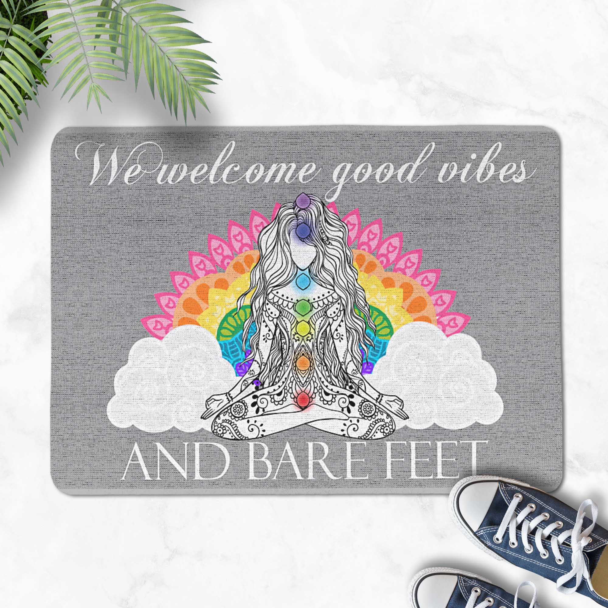 Yoga Welcome Doormat with Chakra Woman and Rainbow Colors, Good Vibes ...