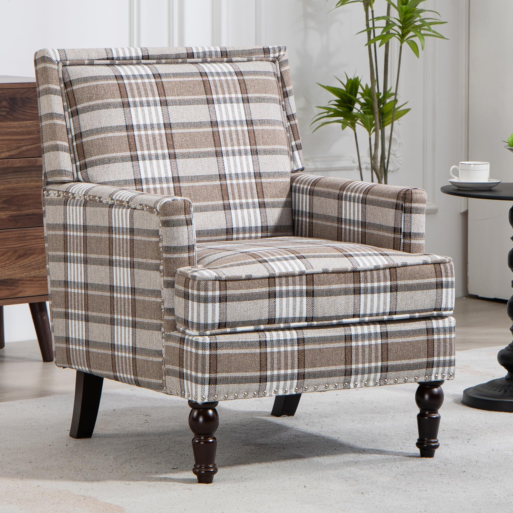 Yogald Vintage Plaid Accent Armchair, Comfy Upholstered Reading Chair ...