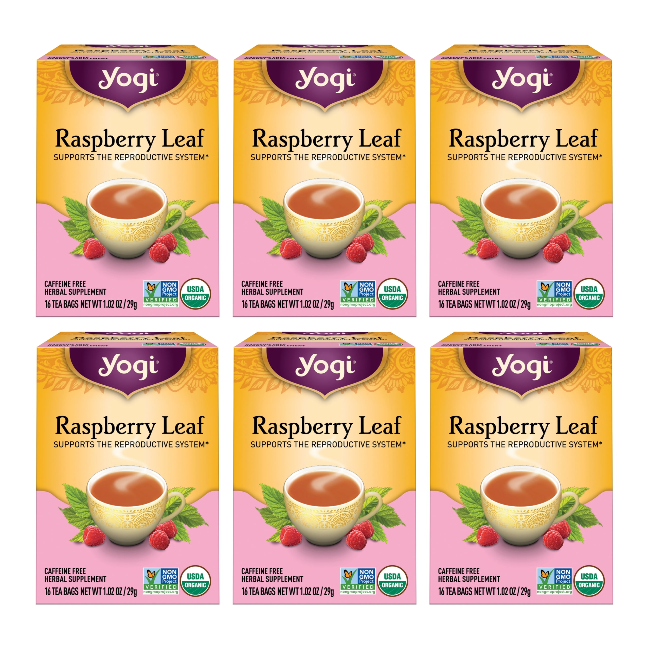 Yogi Organic Herbal Raspberry Leaf Tea, Caffeine-Free,16 Bags, 6 Packs ...