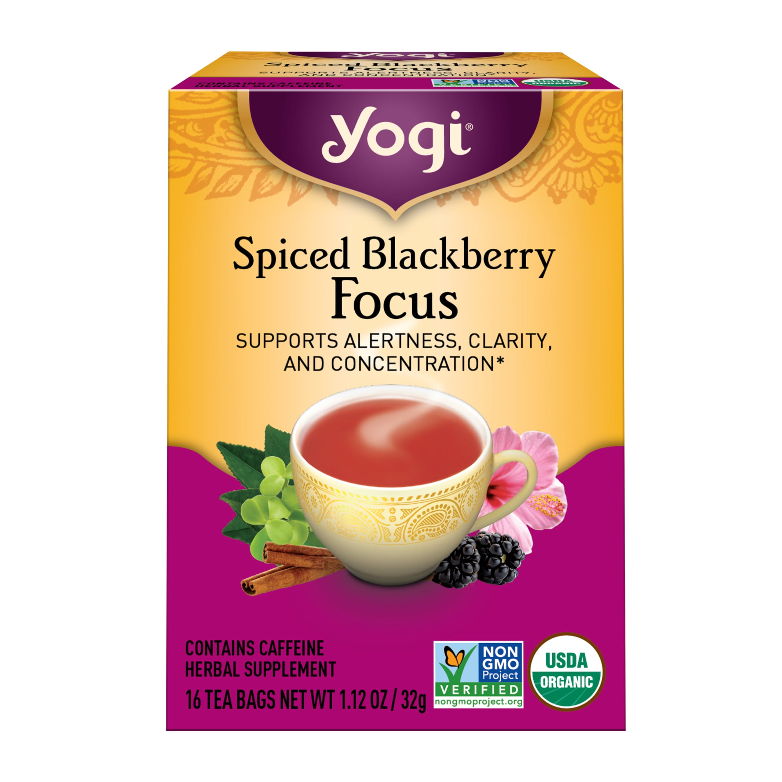 Yogi Spiced Blackberry Focus Wellness Tea Bags 16 Count Supports Mental ...