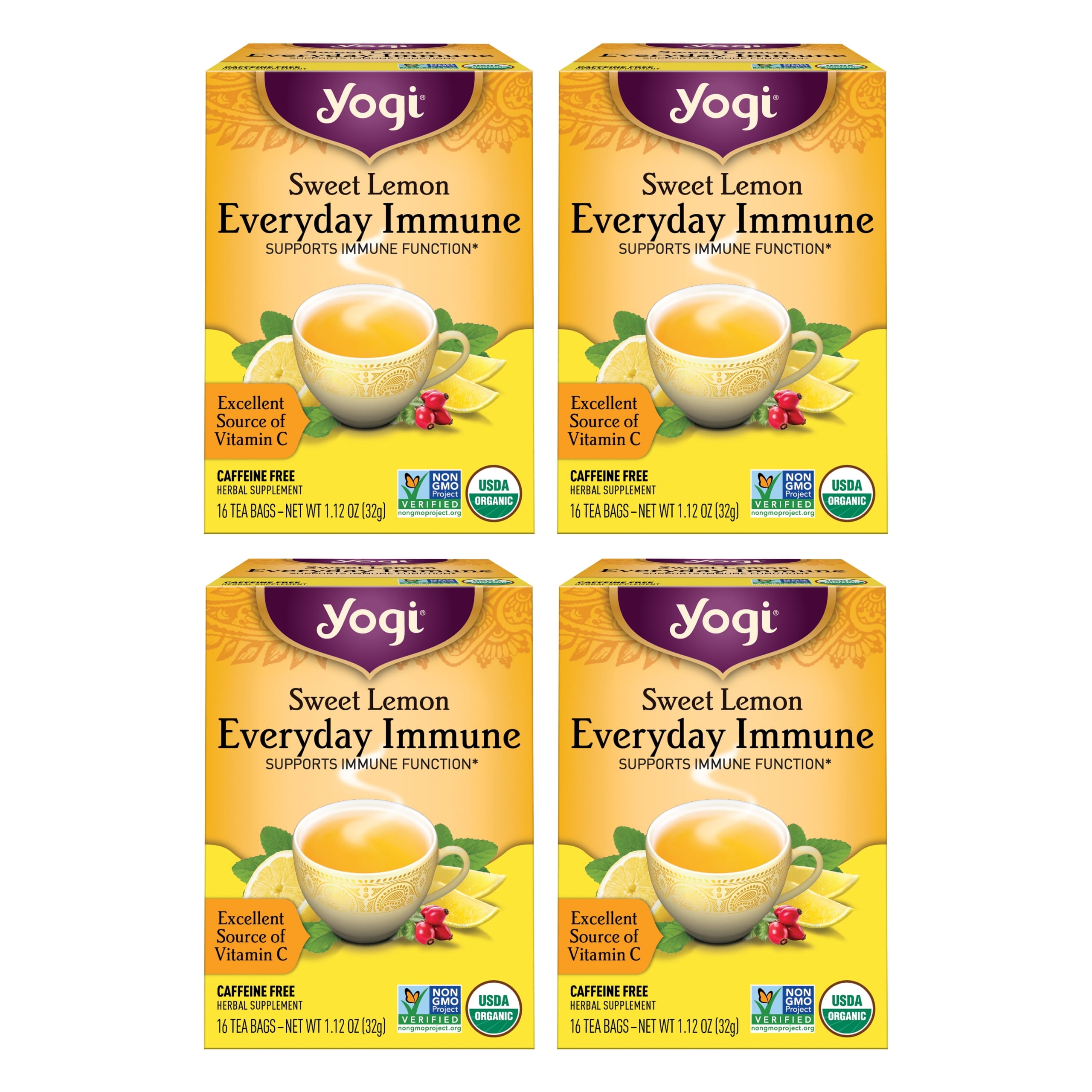 Yogi Organic Sweet Lemon Immunity Tea, Caffeine-Free, 4 Boxes of 16 ...