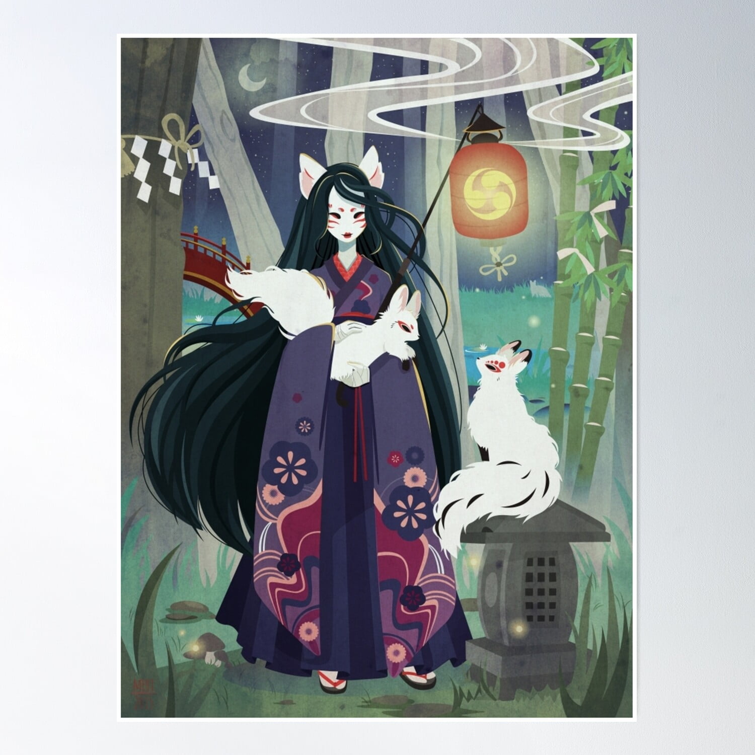 Yokai Japanese Kitsune Poster Wall Art, Modern Wall Decor, 8x12 ...