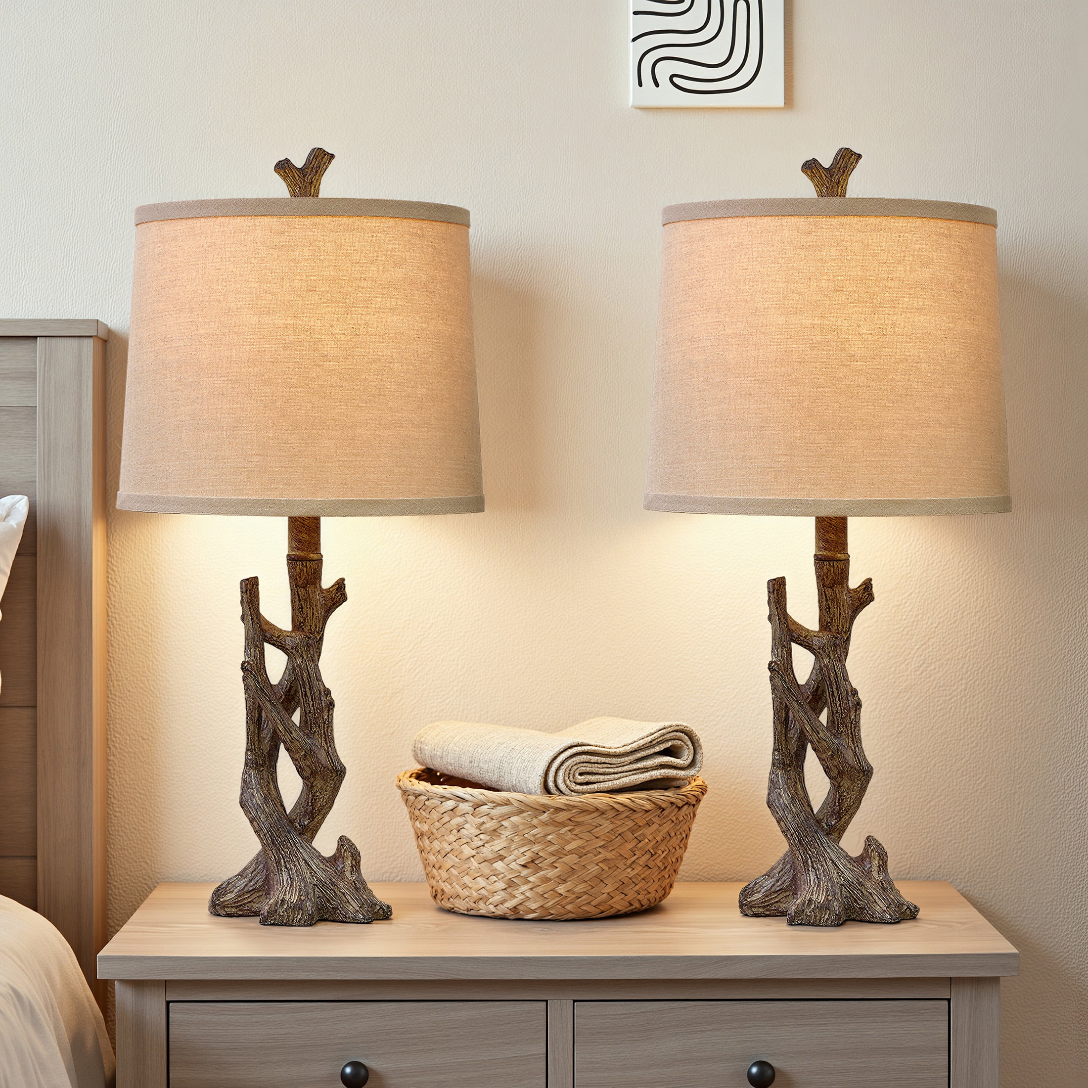 Yokila 23" Wood Grain Rustic Table Lamp Set of 2 for Living Room ...