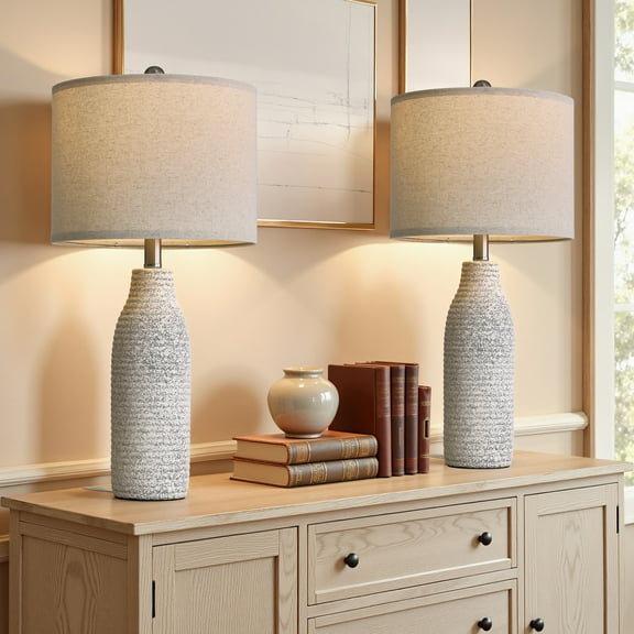 23" Set of 2 White Ceramic Pot Table Lamp, Bedside USB Lamps for Living ...