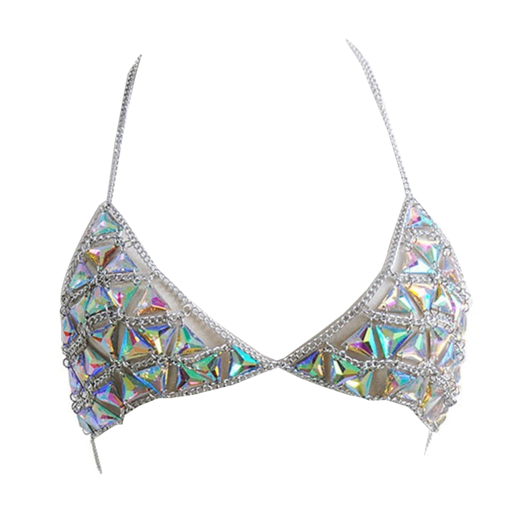 Yokua Sequins-Mesh Backless Halter-Crop Top Adjustable-Harness-Bikini ...