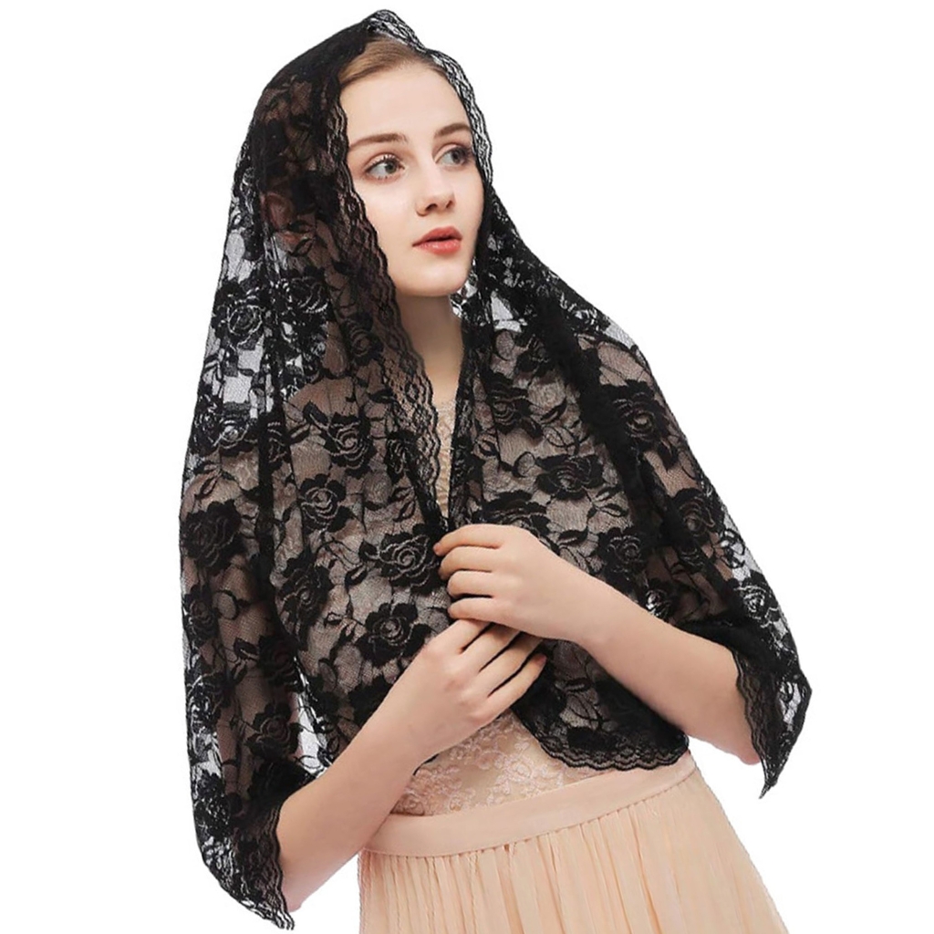 Yokua Woman Floral Veil Lace Trim Shawl for Mother Nun Wedding Party ...