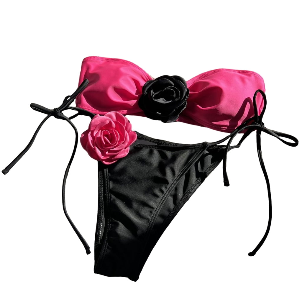 Yokua Women 2 Pieces Bandeau Swimsuit Lace Up Bathing Suit Lady 3D ...