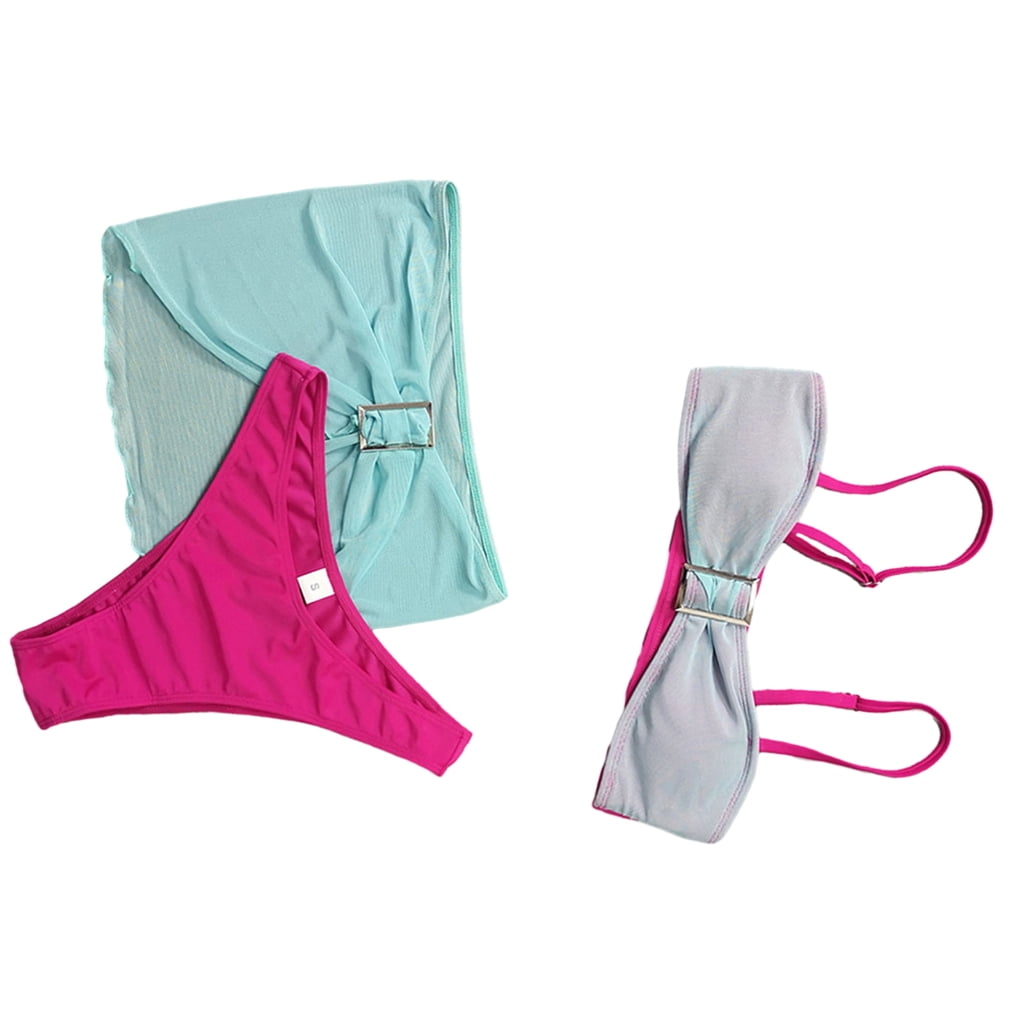 Yokua Women Colors Block Bikinis Set with Wrap Skirt High Leg Three ...