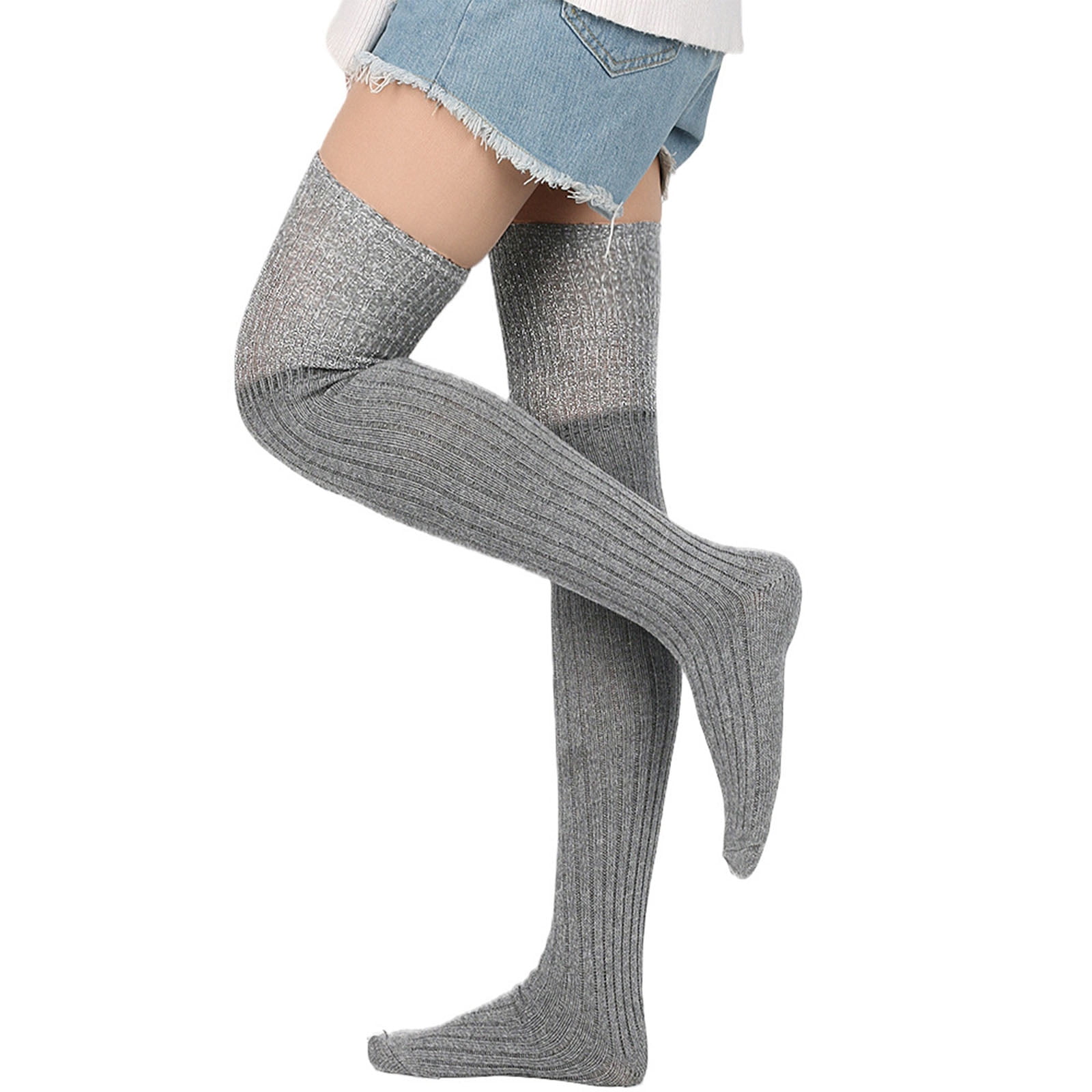 Yokua Women Ribbed Knit Cotton Thigh High Stockings Metallic Shimmer ...