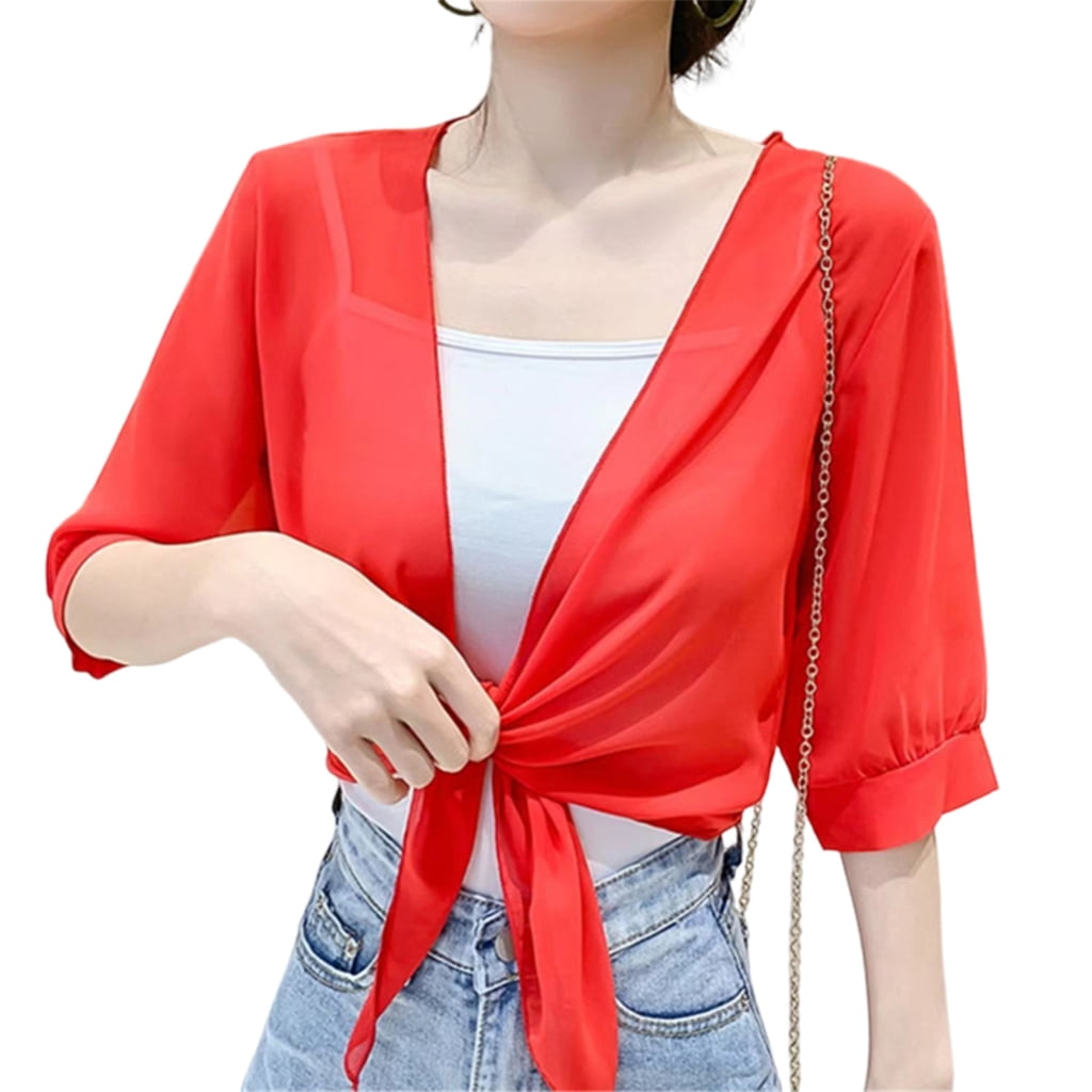 Yokua Womens Short Sleeve Sheer Meshes Shrug Tie Front Cropped Boleros ...