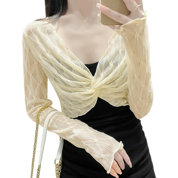 Yokua Womens Sweet Sheer Cropped Long Sleeve Mesh Lace Elegant Ruffle ...