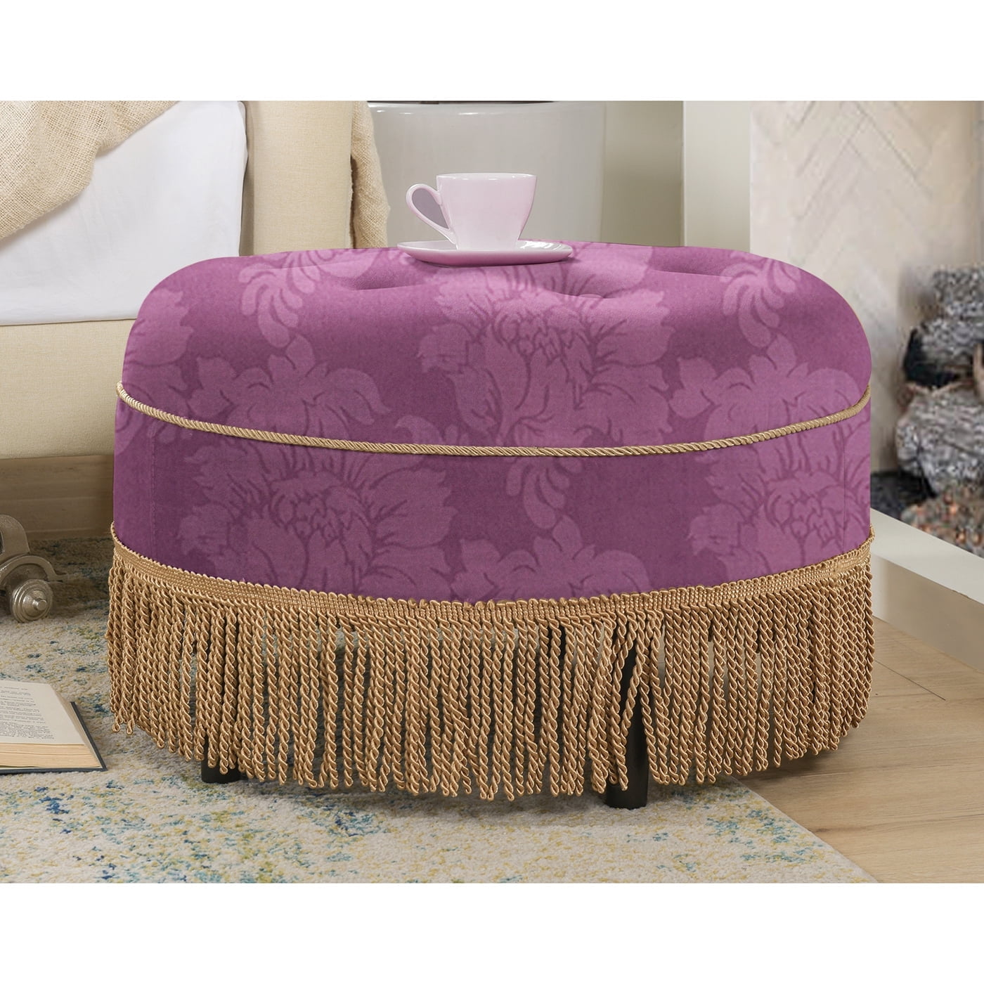 Yolanda 24" Round Accent Ottoman Purple Floral Sateen Jacquard with ...