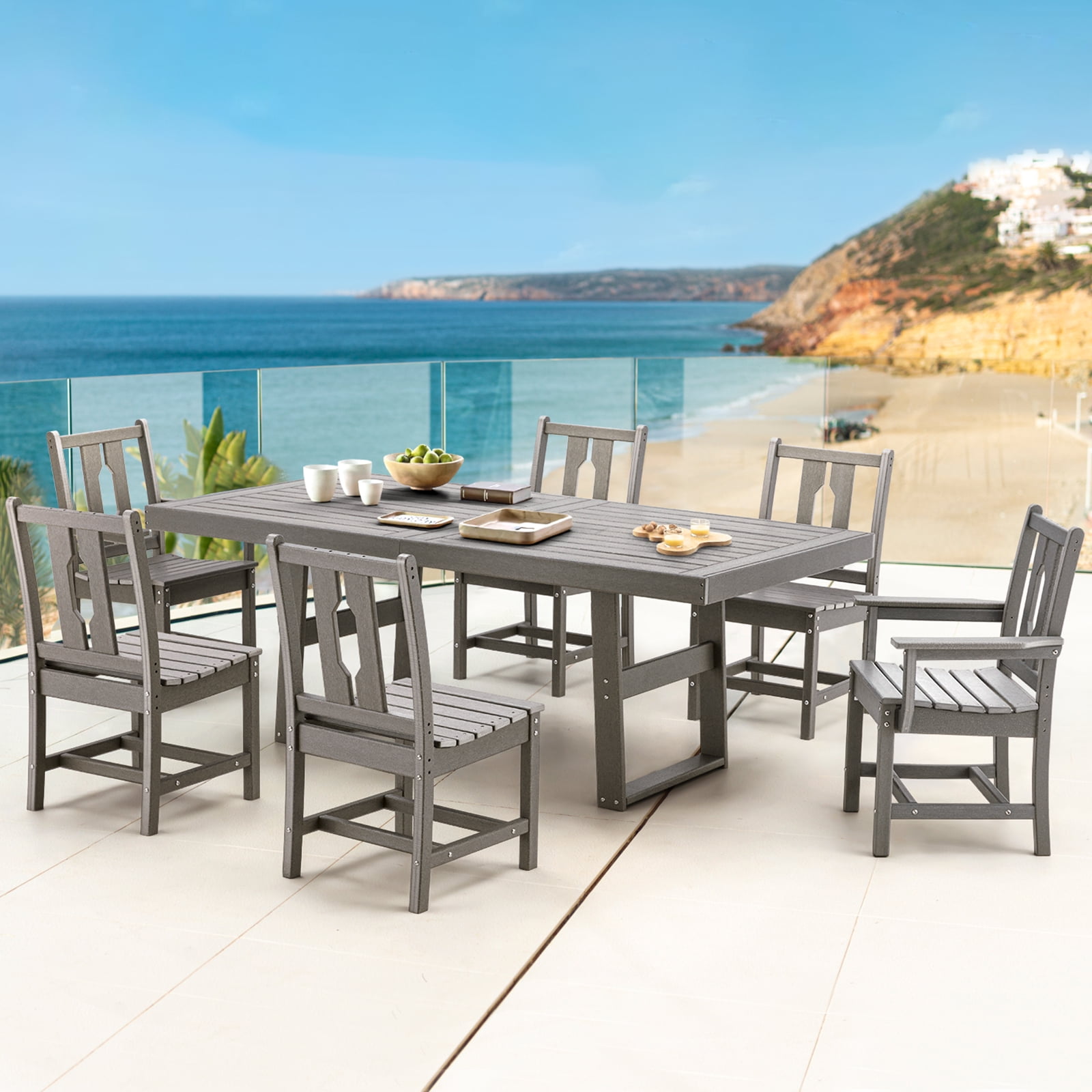 Yoleny 7PCS Outdoor Dinner Set, Gray Metal Patio Furniture for Backyard ...