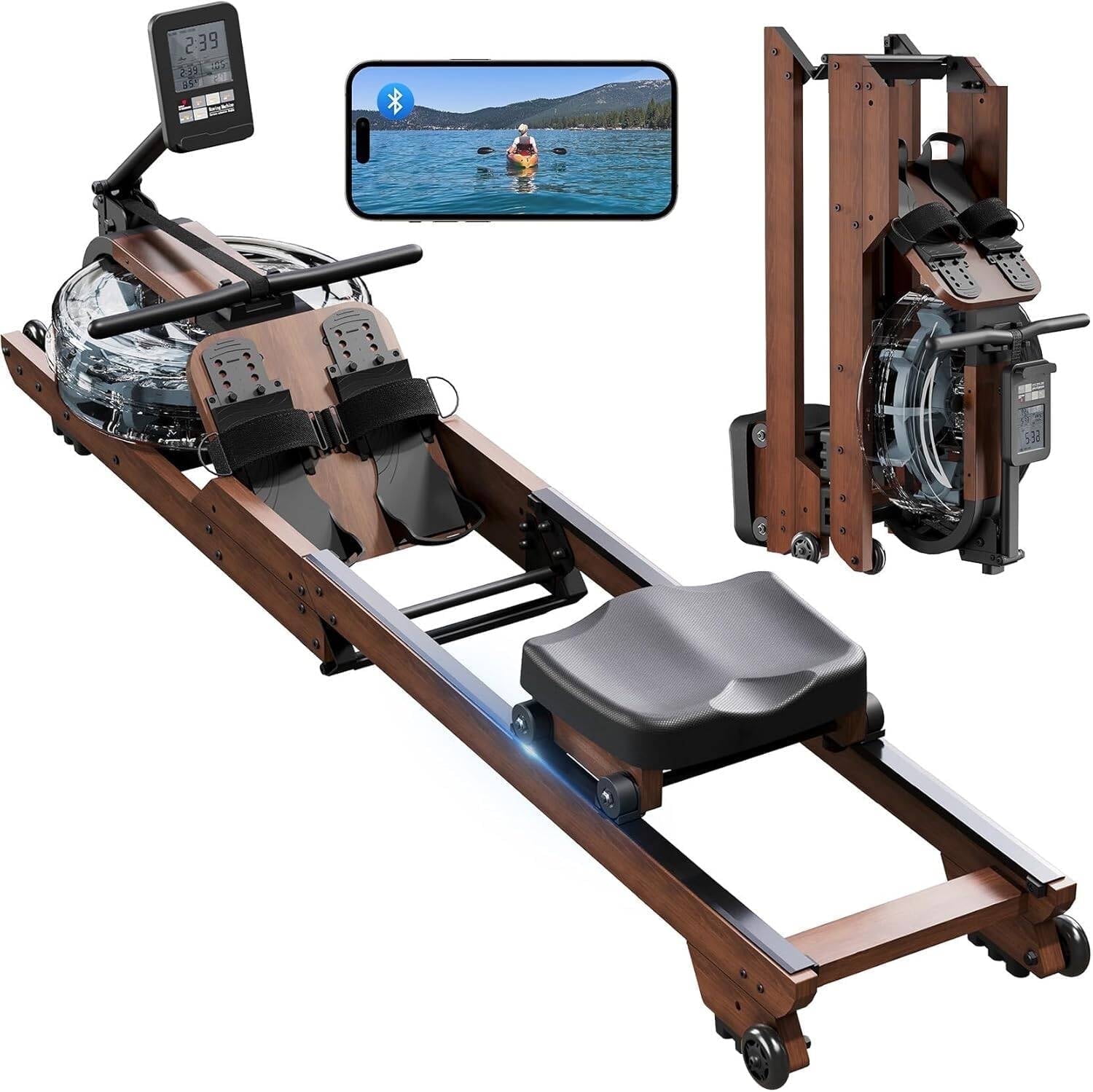 Yoleofit Foldable Water Rowing Machine - 350LB Capacity Wooden Frame ...