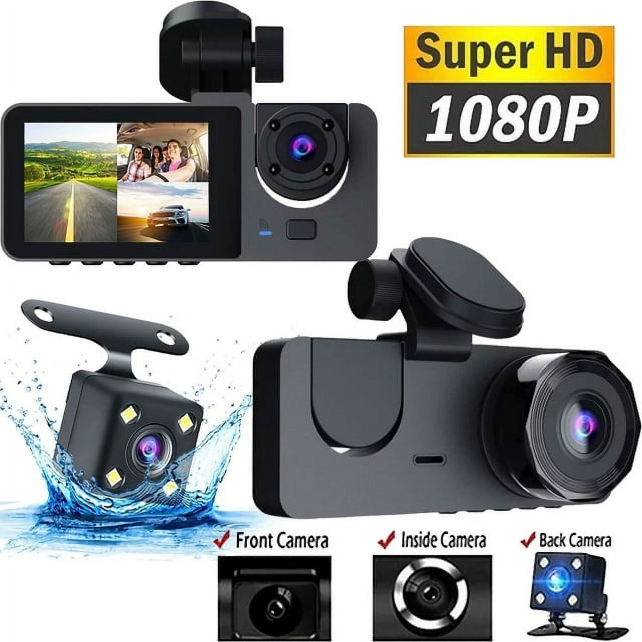 Yolispa Dash Cam for Car, 1080P 3 Channel Front & Rear Inside Dash ...