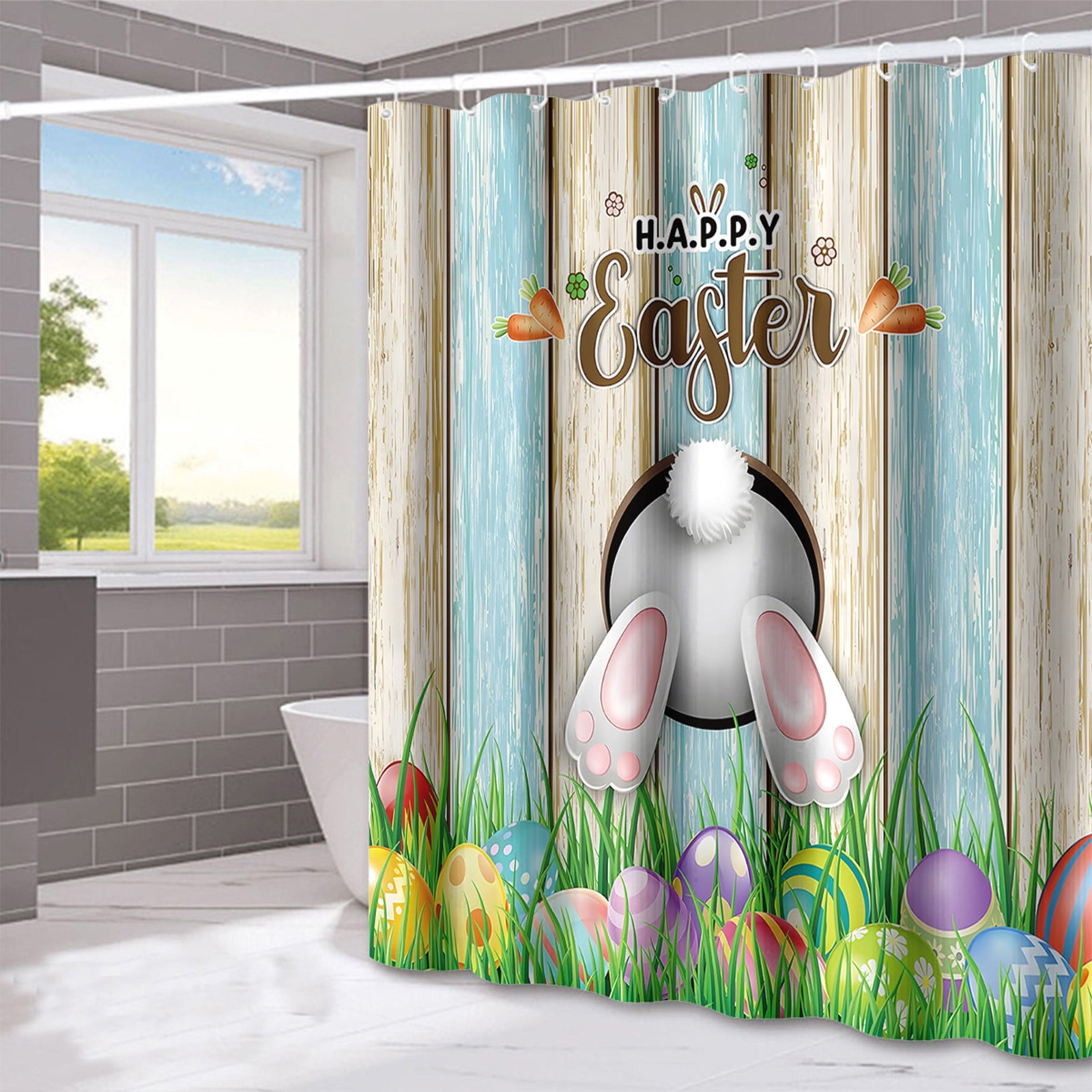 Yoloke Easter Bunny Shower Curtain - Rustic Watercolor Rabbit and ...