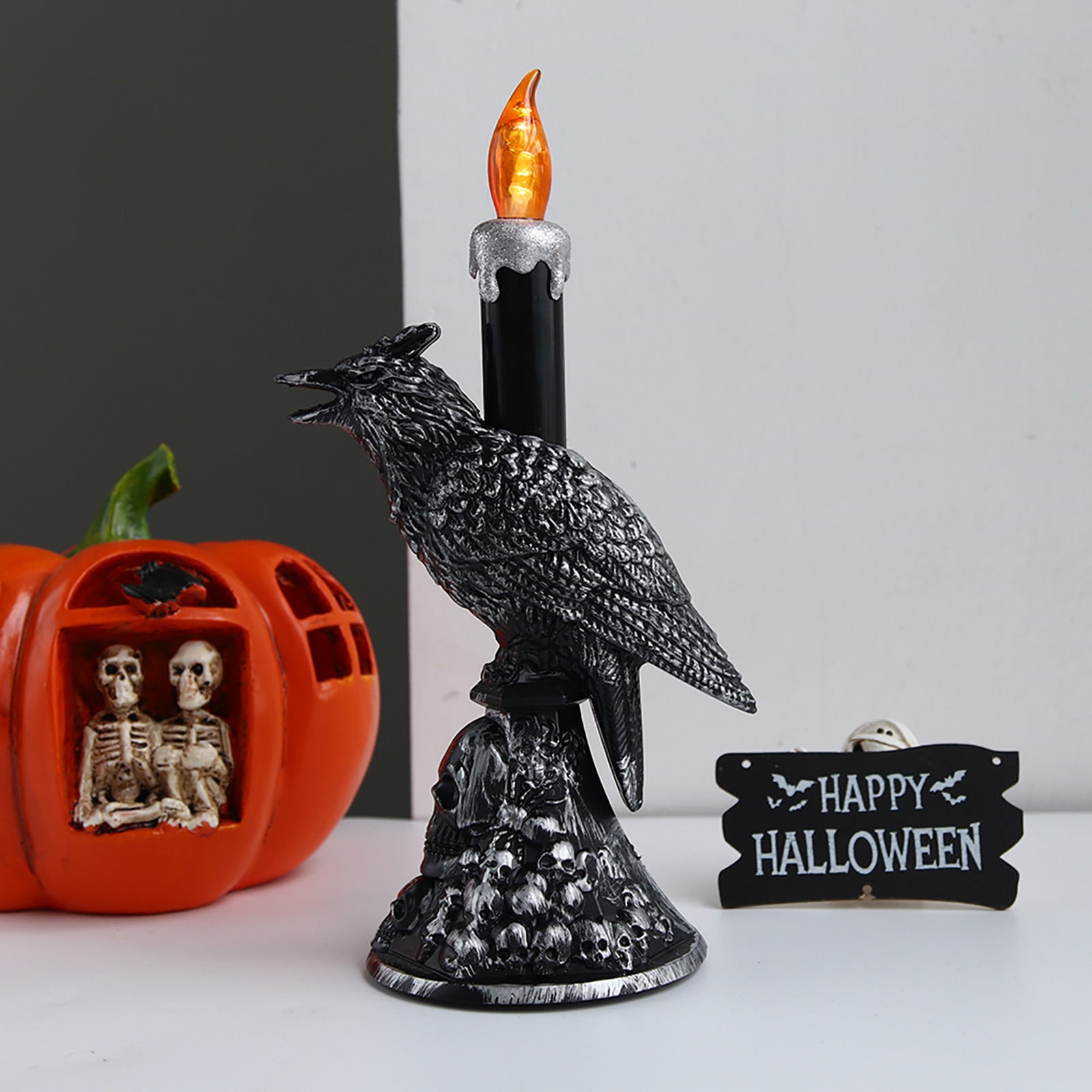 Yoloke LED Raven Halloween Flameless Candles - Black Crow Skull Statue Candlestick with Purple ...