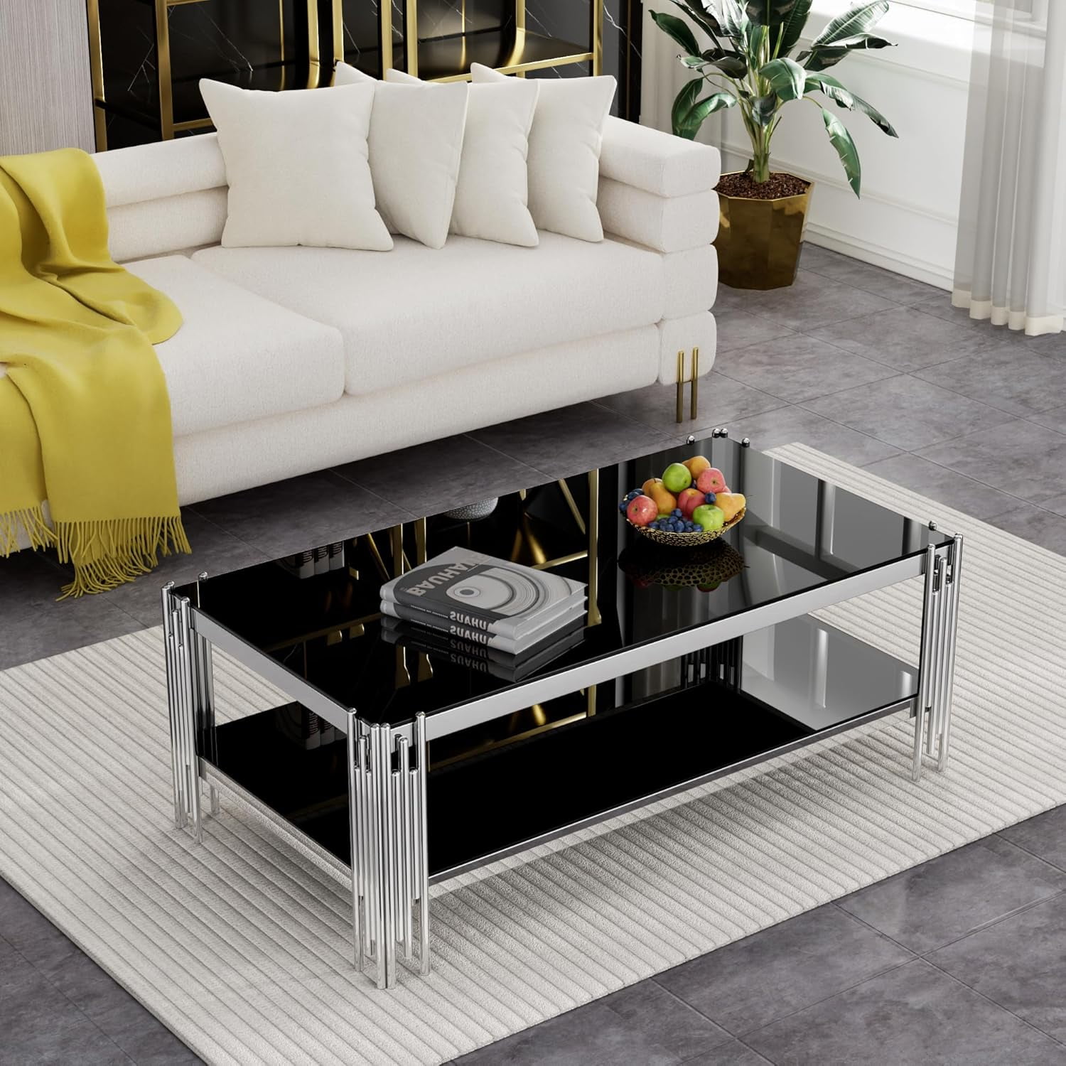 Yoluckea 48” Rectangle Glass Coffee Table, 2-Tier Coffee Table with ...