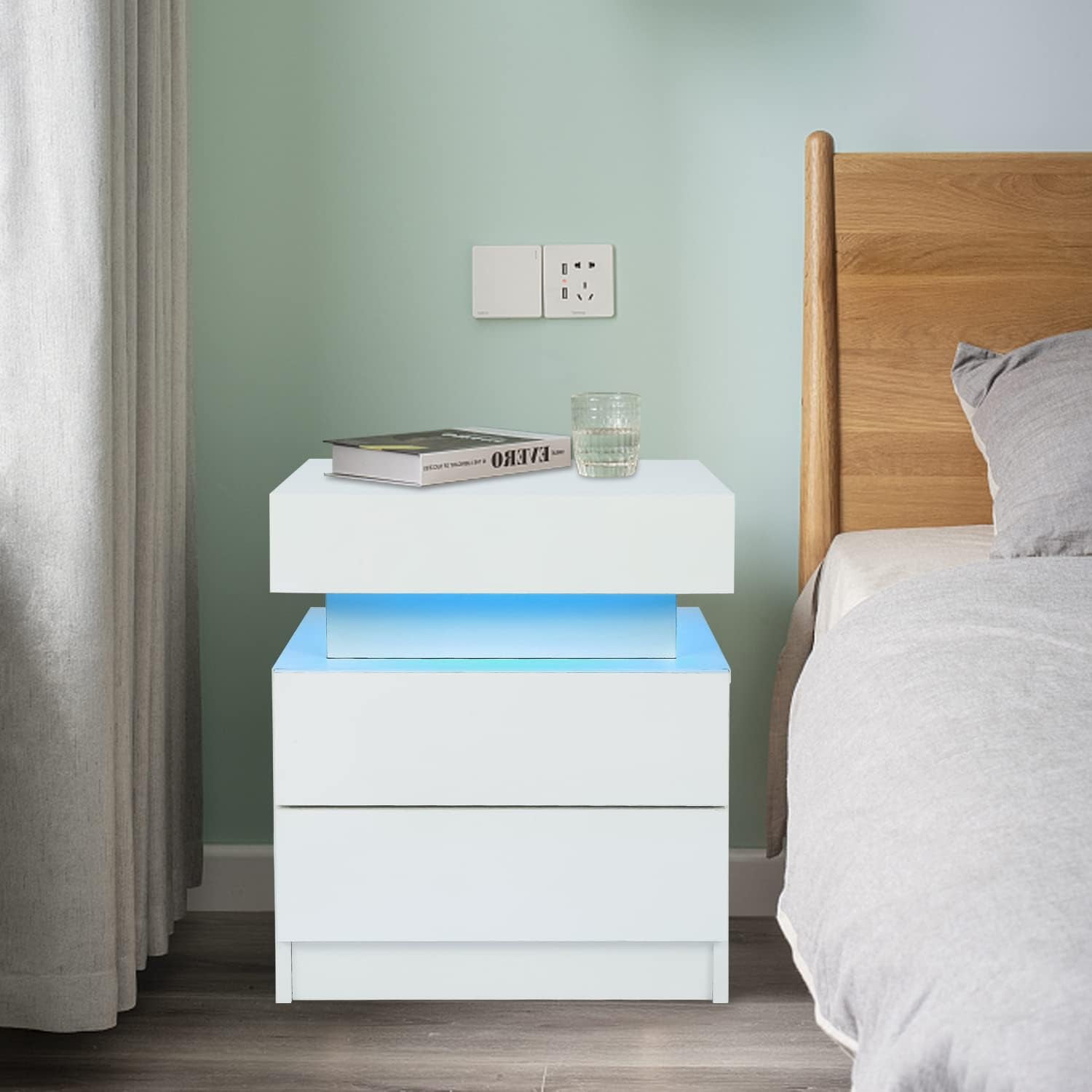 Yoluckea LED Nightstand, White Nightstand with Led Lights Wood Matte ...