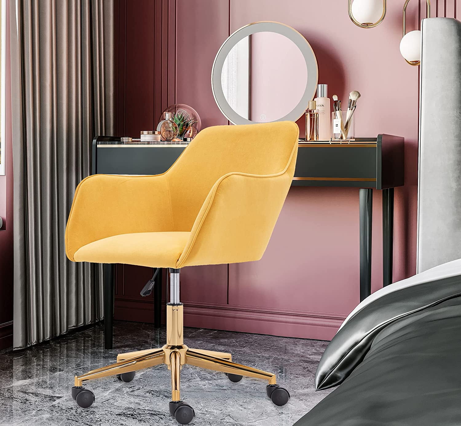 Yoluckea Modern Velvet Home Office Chair, Adjustable Swivel Office ...