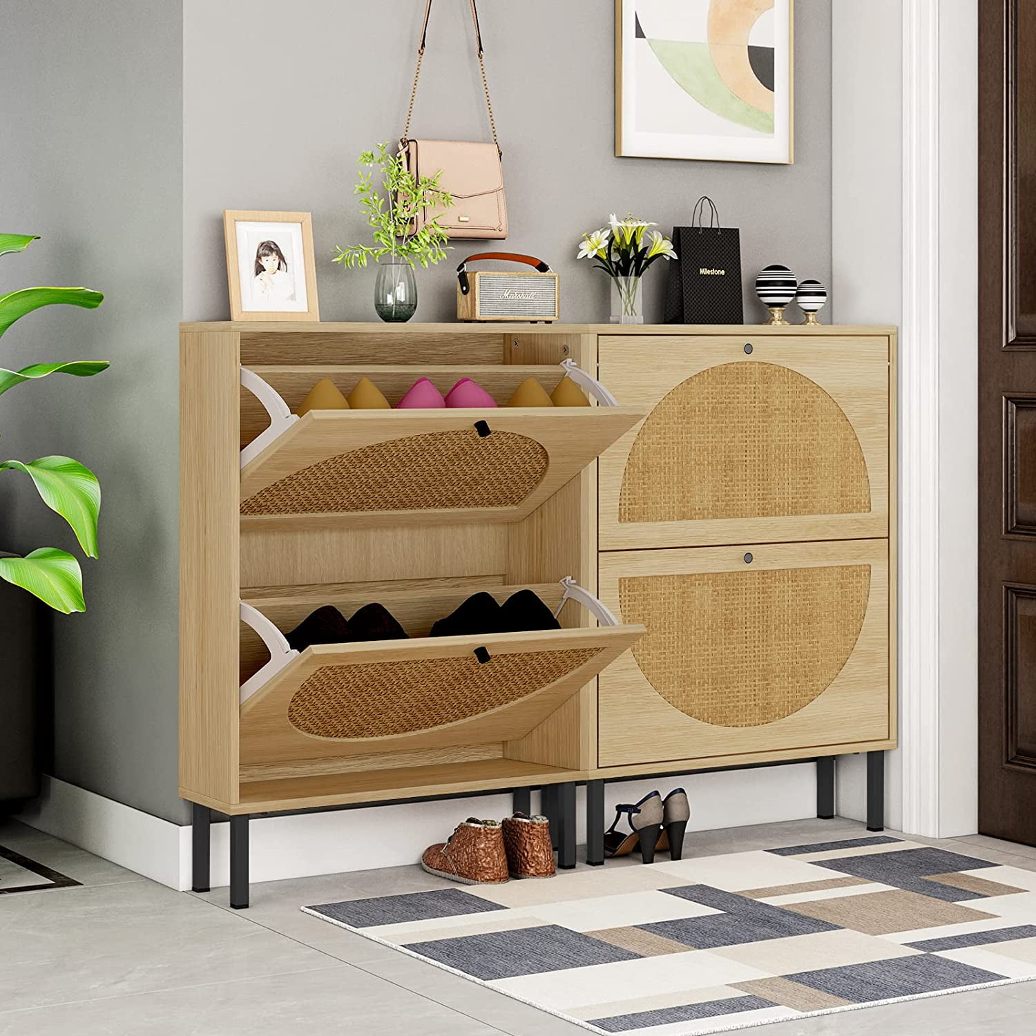 Yoluckea Rattan Shoe Cabinet, Shoe Cabinet Rack with Natural Rattan ...