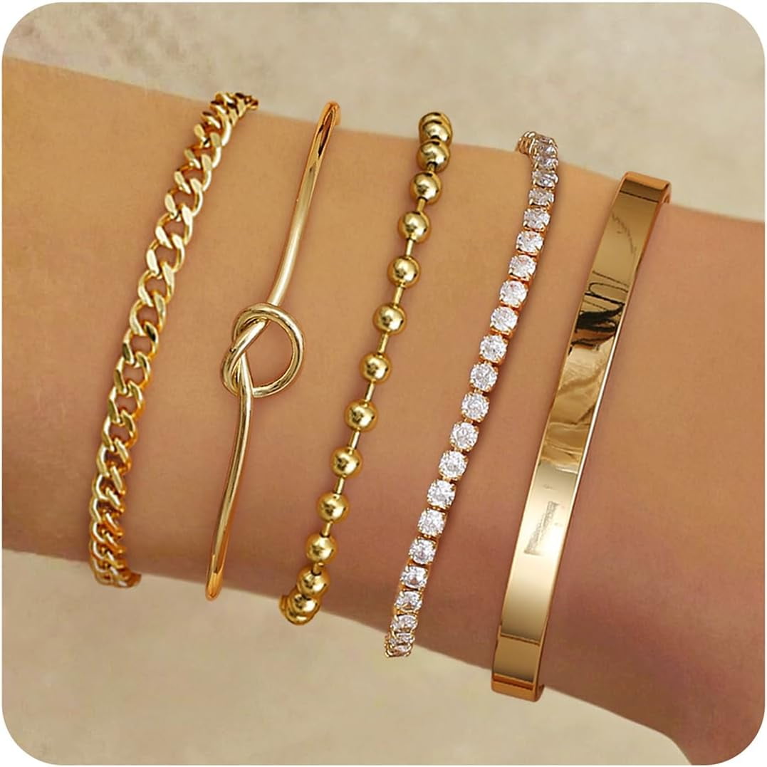 Yomhary 5 Piece 14K Gold Plated Stainless Steel Bracelet Set for Women ...