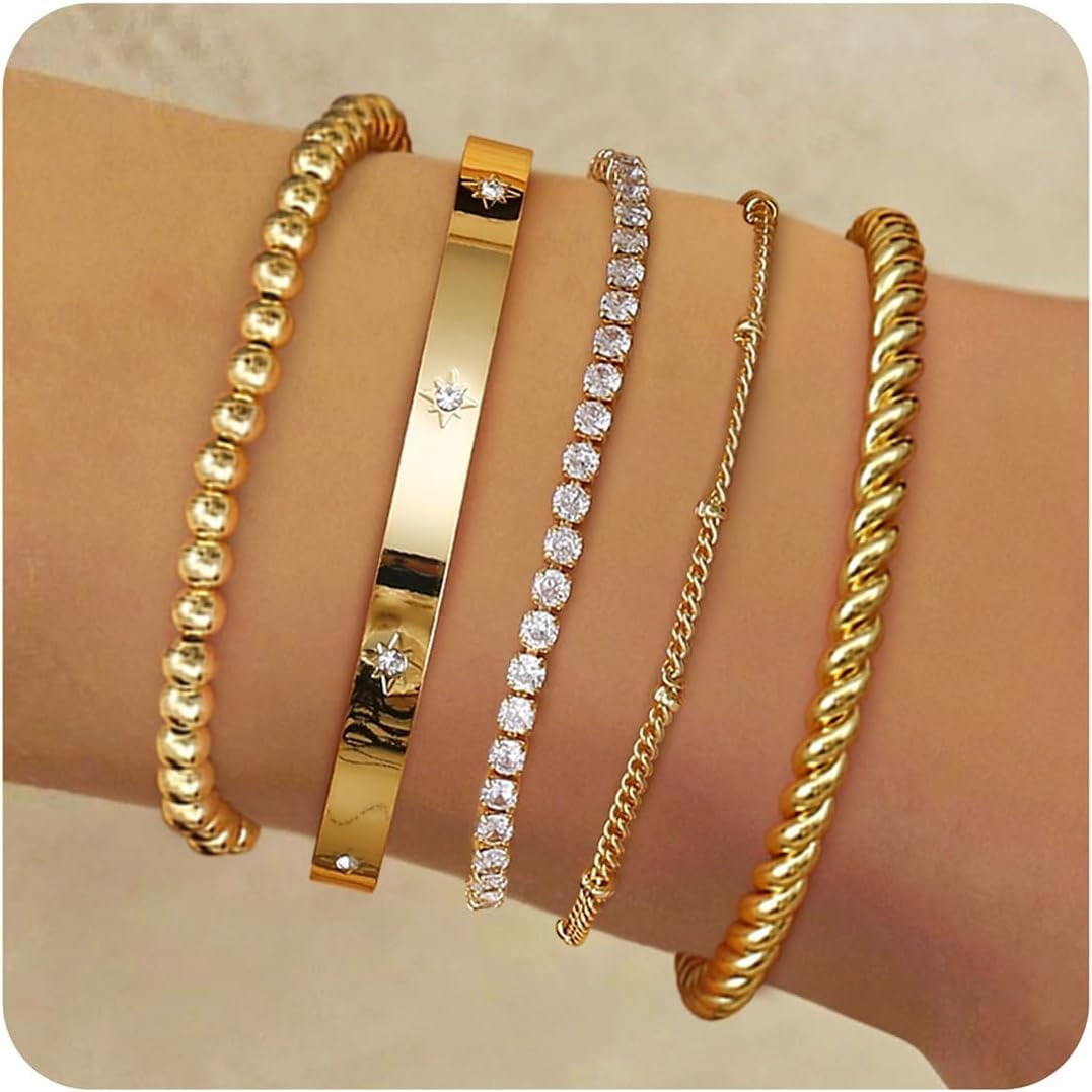 Yomhary 5 Piece 14K Gold Plated Stainless Steel Bracelet Set for Women ...