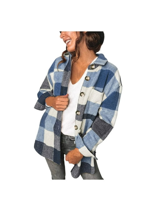 MOSHU Women's Flannel Plaid Shacket Jacket with Hood and Pocket, Button ...