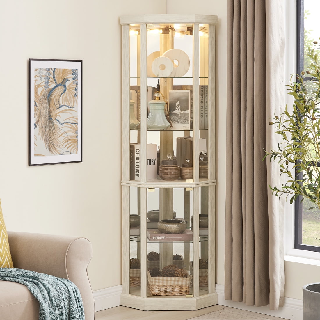 Yone jx je 70" H Lighted Corner Curio Cabinet, Corner Glass Display ...