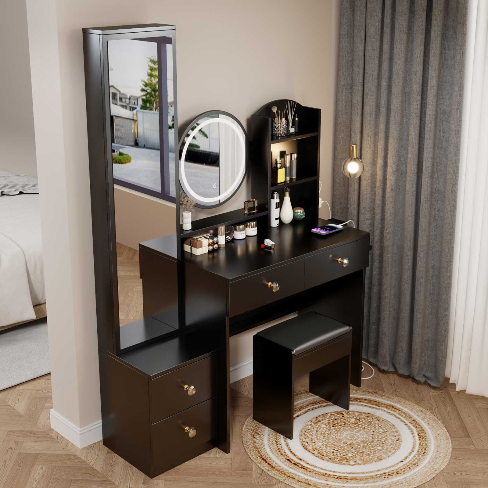 Yone jx je Full Body Mirror Cabinet + Round Mirror LED Vanity Table ...