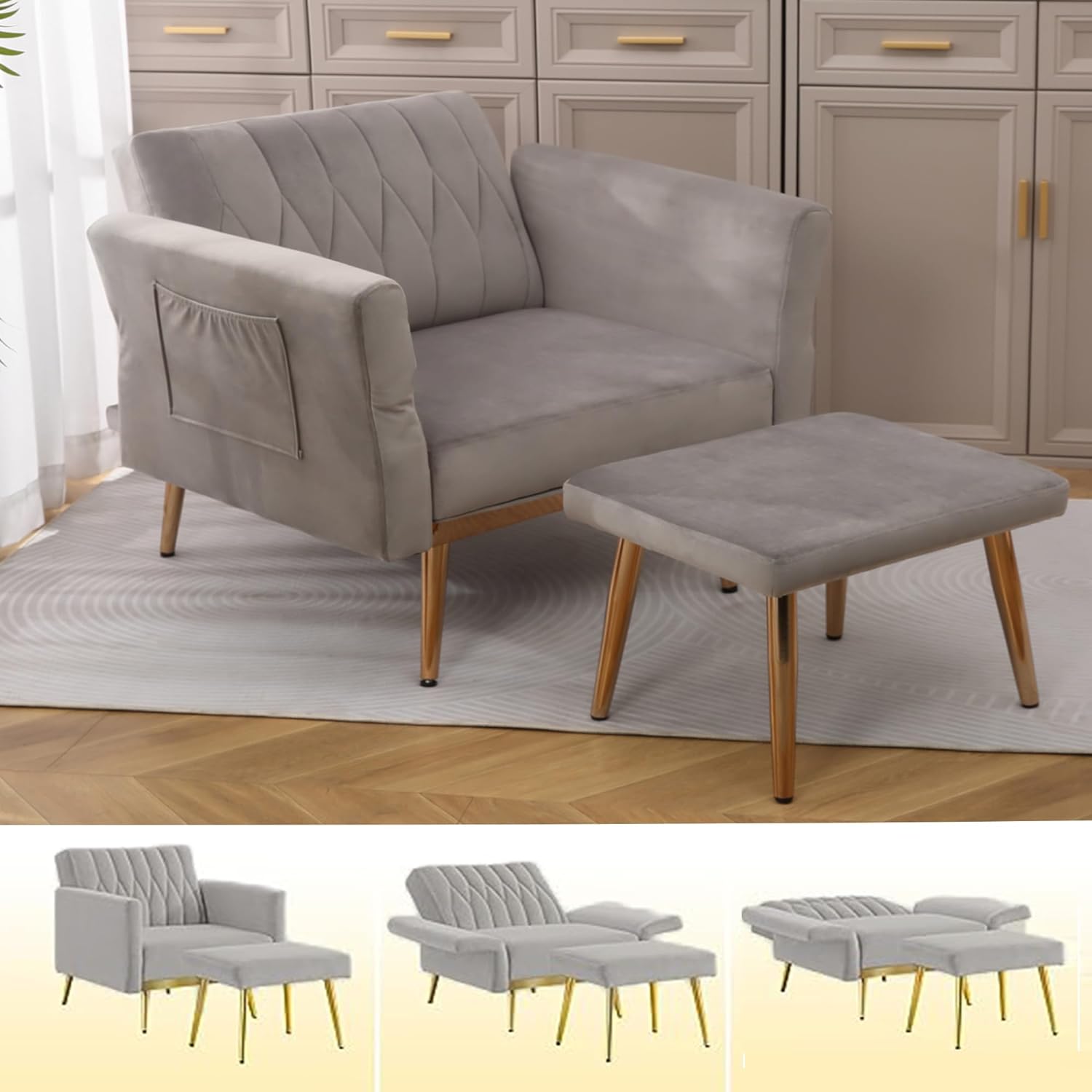 Yone jx je Velvet Chair 2 in 1 Accent Chair with Ottoman,Modern Tufted ...