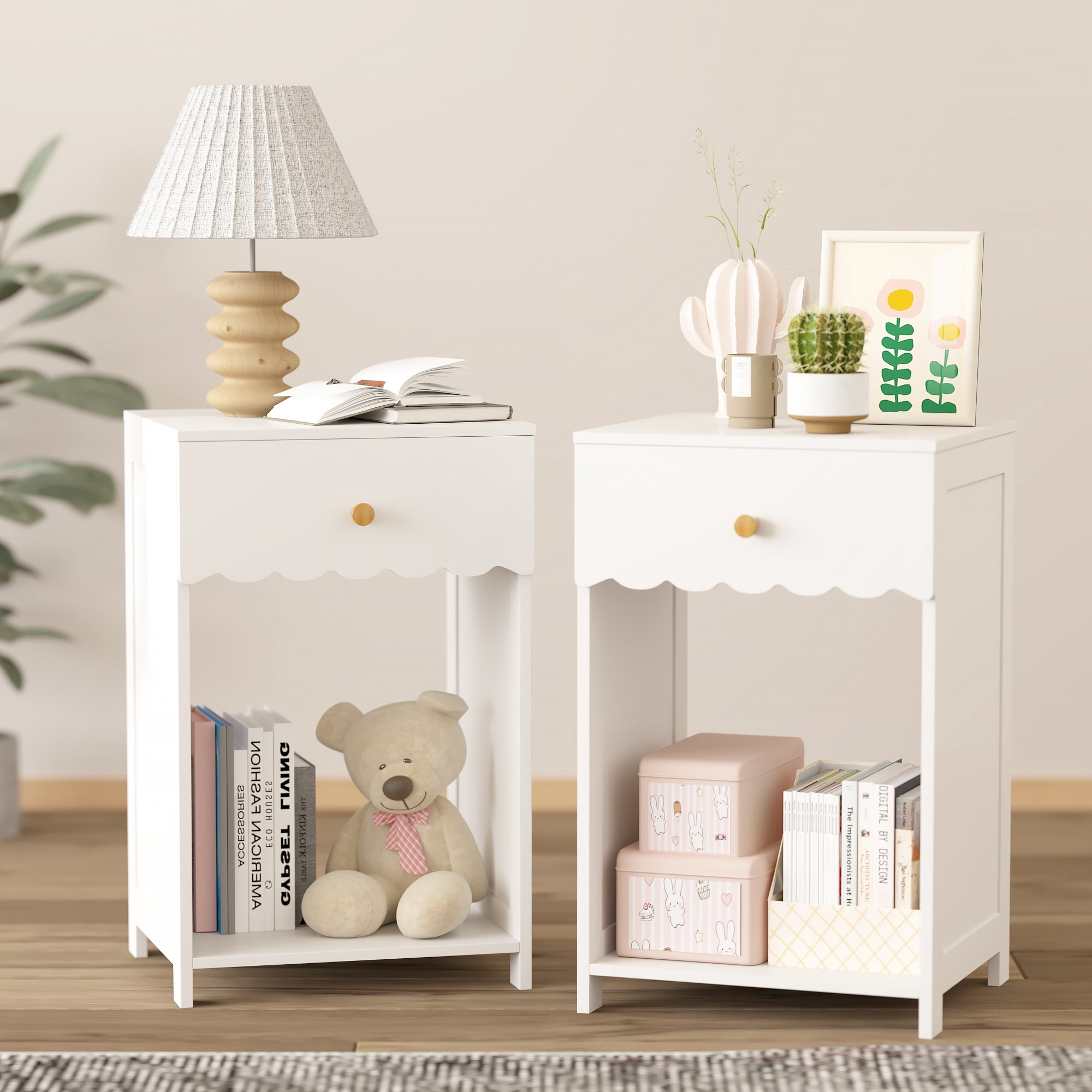 Yoneston 2 Pcs Elegant Nightstand with Drawer and Open Shelf Storage ...