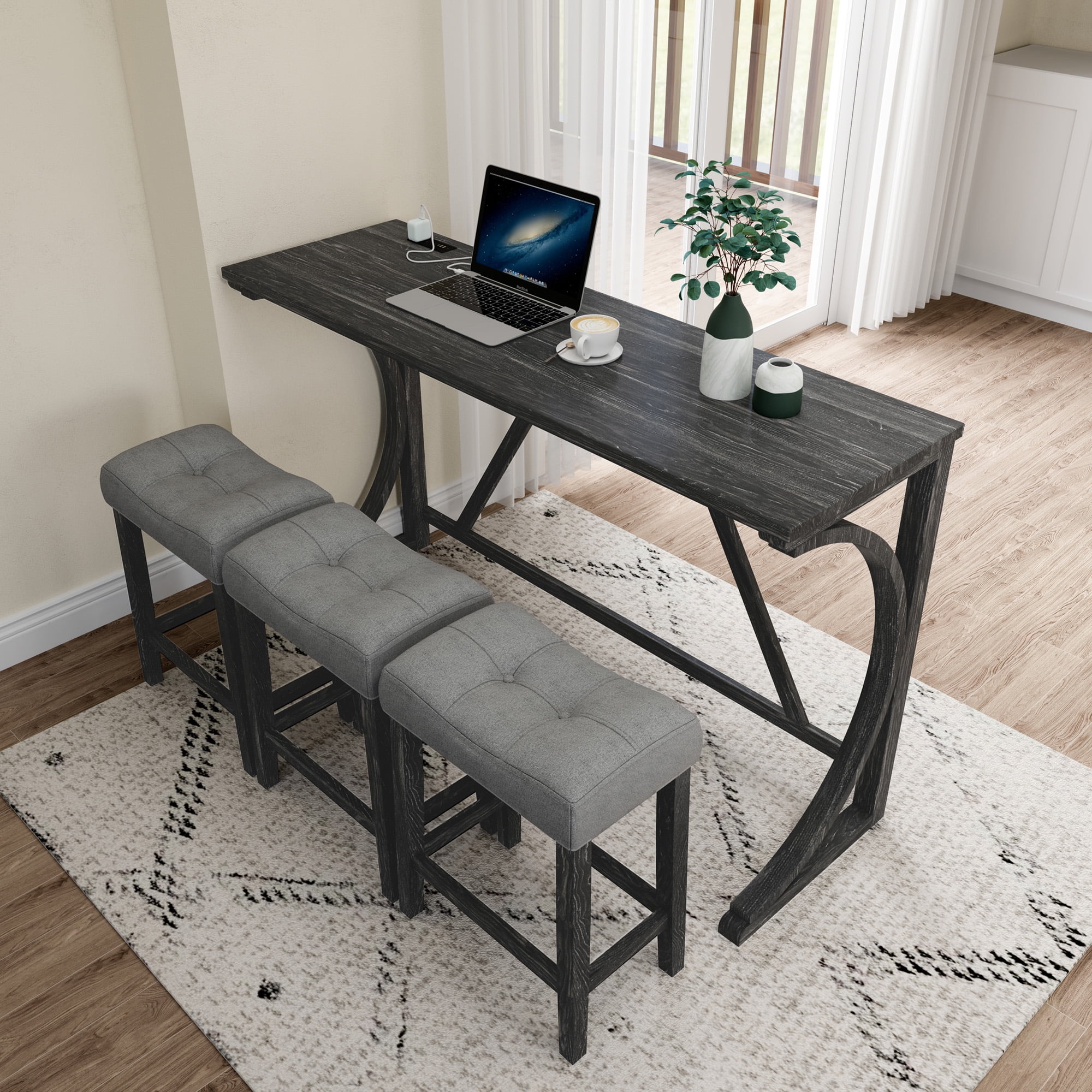 Yoneston Bar Table Stool Set with Power Outlet, 4 Piece Dining Table ...