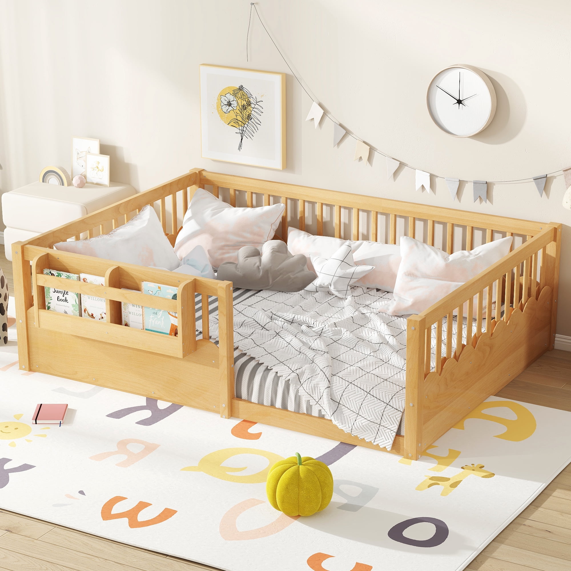 Mintazer Full Montessori Floor Bed with Bookshelf & Heightened Fence ...