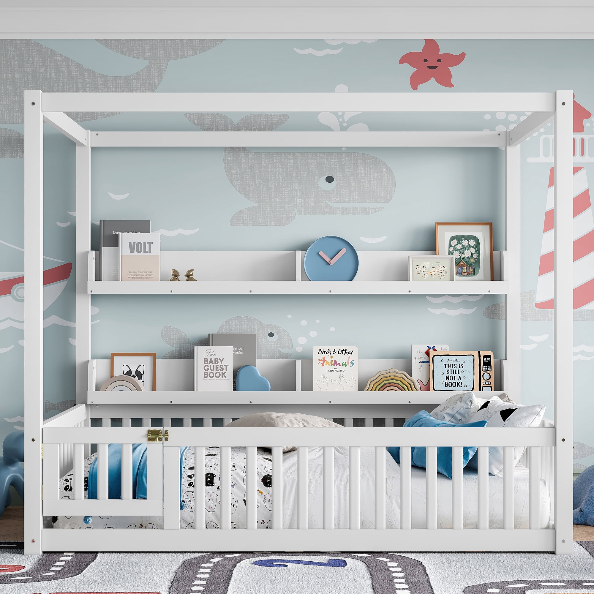 Yoneston Full Floor Canopy Bed with 4 Shelves & Guardrails, Wood ...