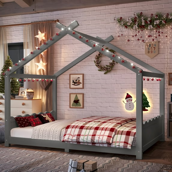 Yoneston Full House Floor Bed with Roof, Solid Wood Platform Bed Frame ...