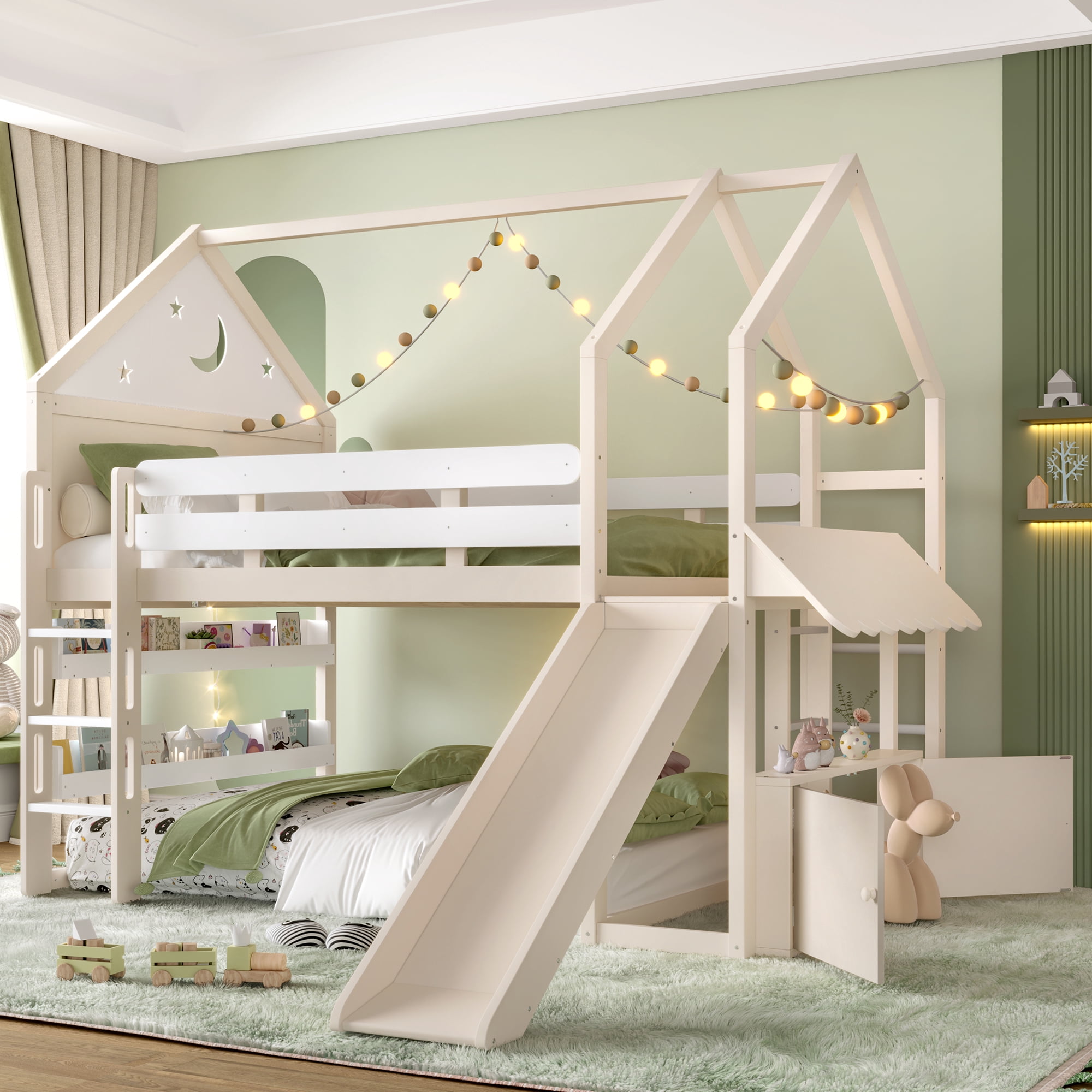 Mintazer Full House Shaped Loft Bed with Slide & Bookshelf Storage ...