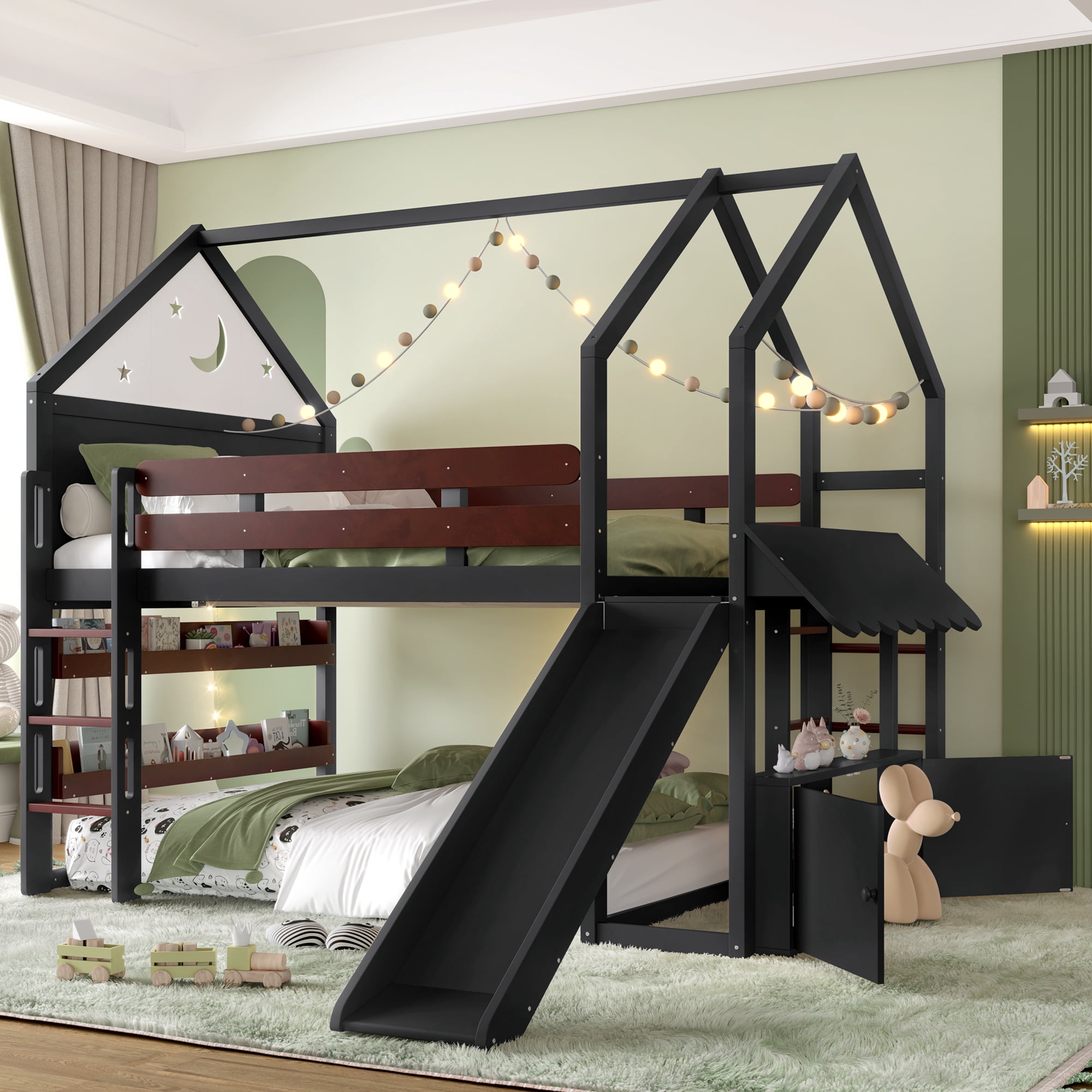 Yoneston Full House Shaped Loft Bed with Slide & Bookshelf Storage ...