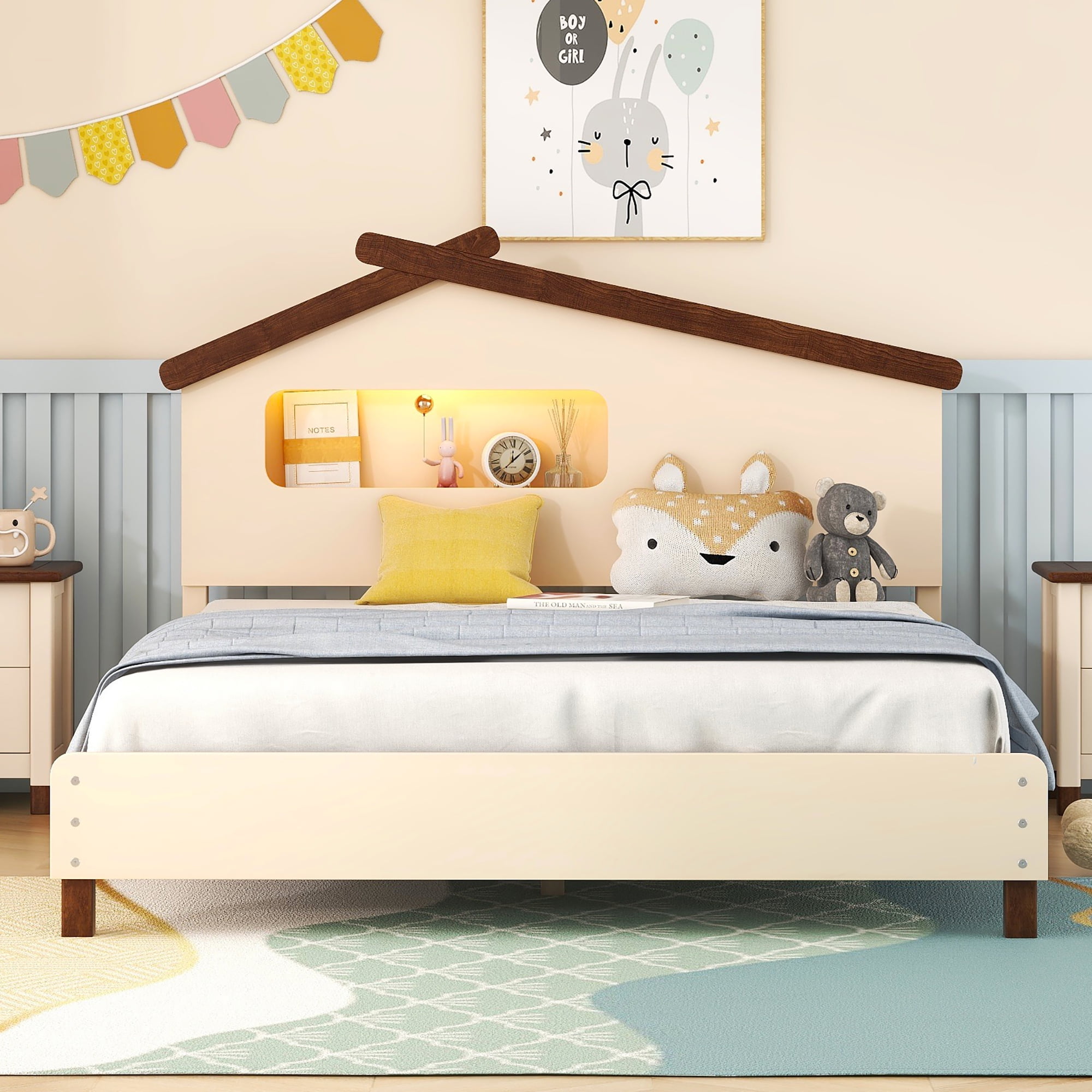 Yoneston Full Size Kids Platform Bed Frame with Cute House-Shape Motion ...