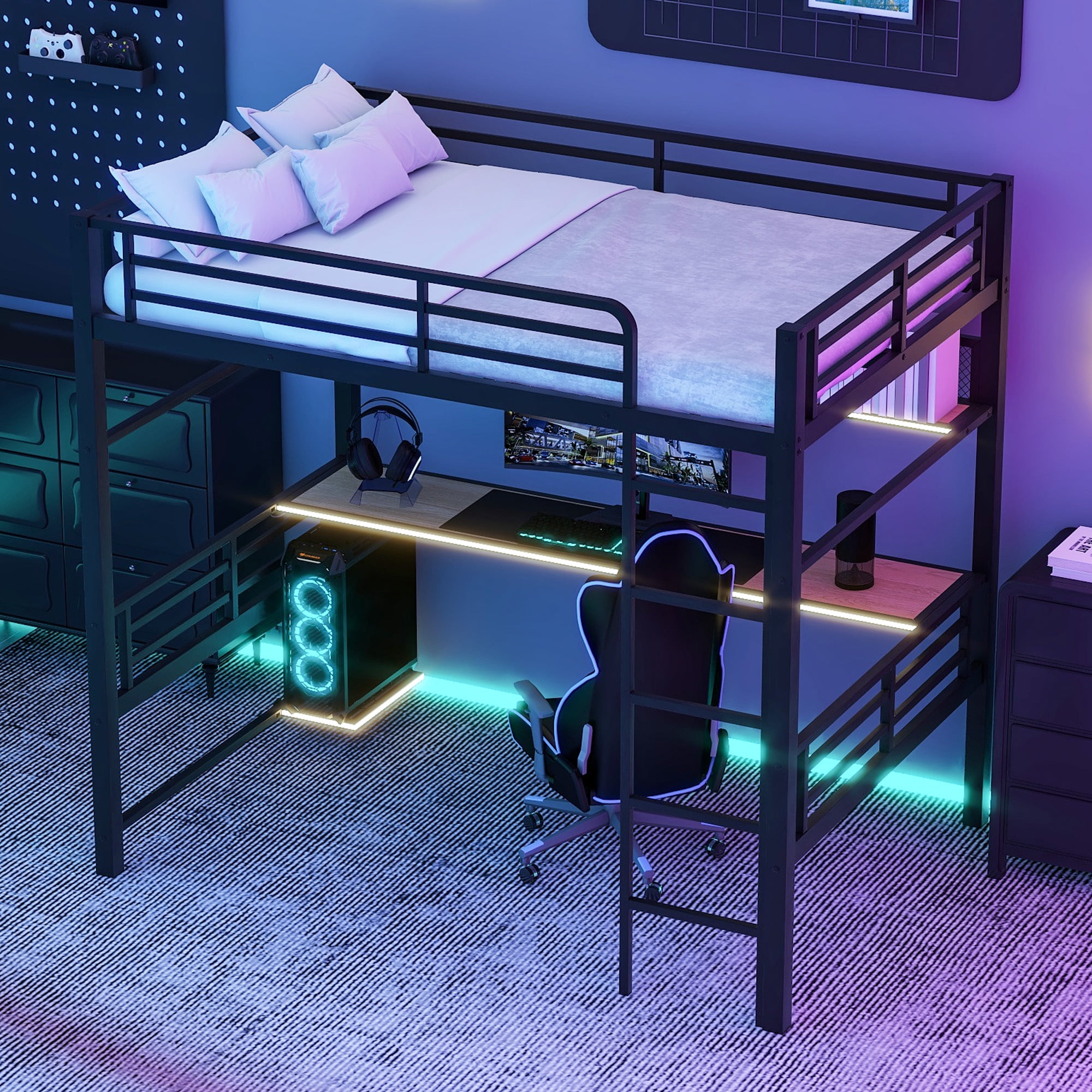 Yoneston Full Size LED Loft Bed with Desk - Gaming Bed - Walmart.com