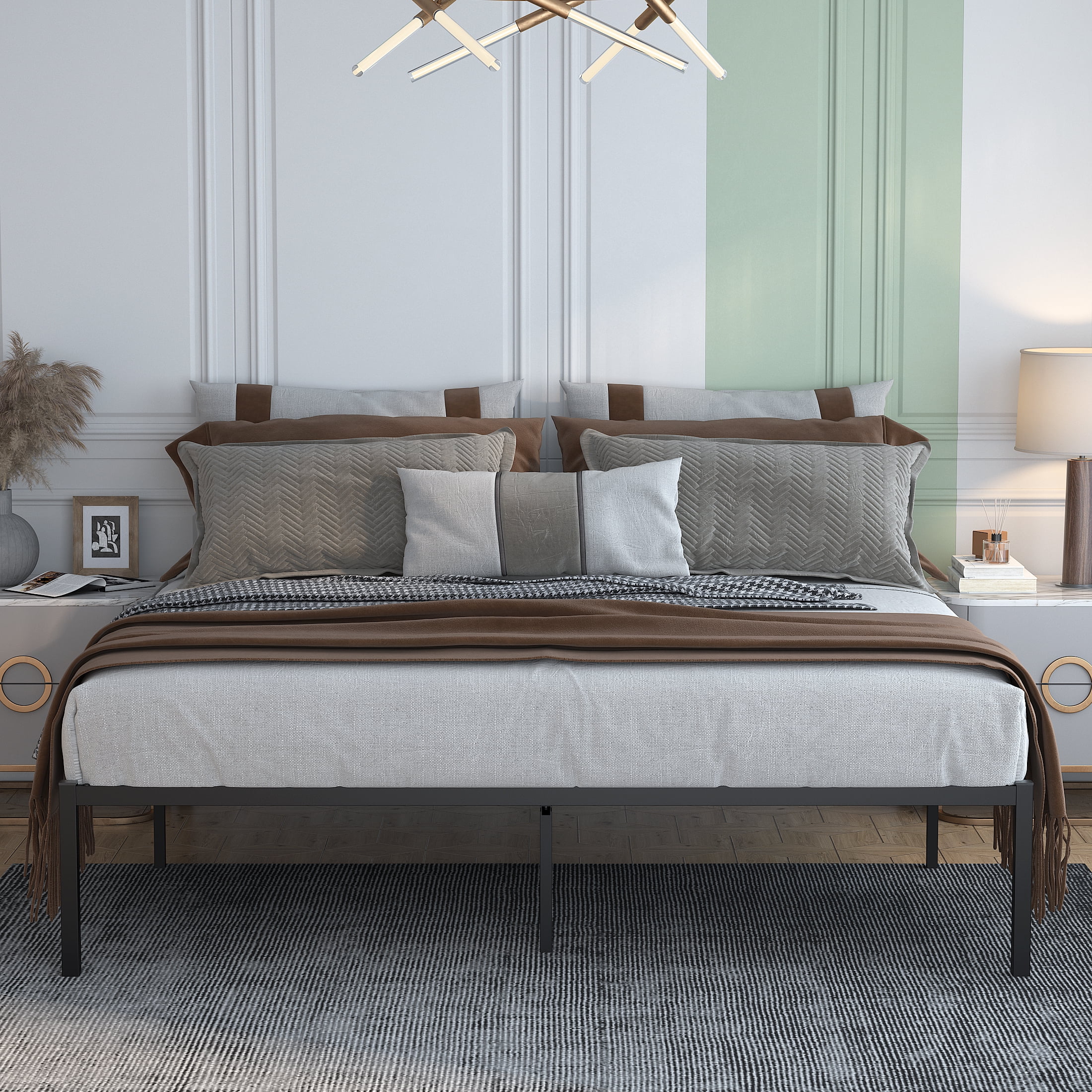 Yoneston King Size Metal Bed Frame No Box Spring 18 Inch High with ...