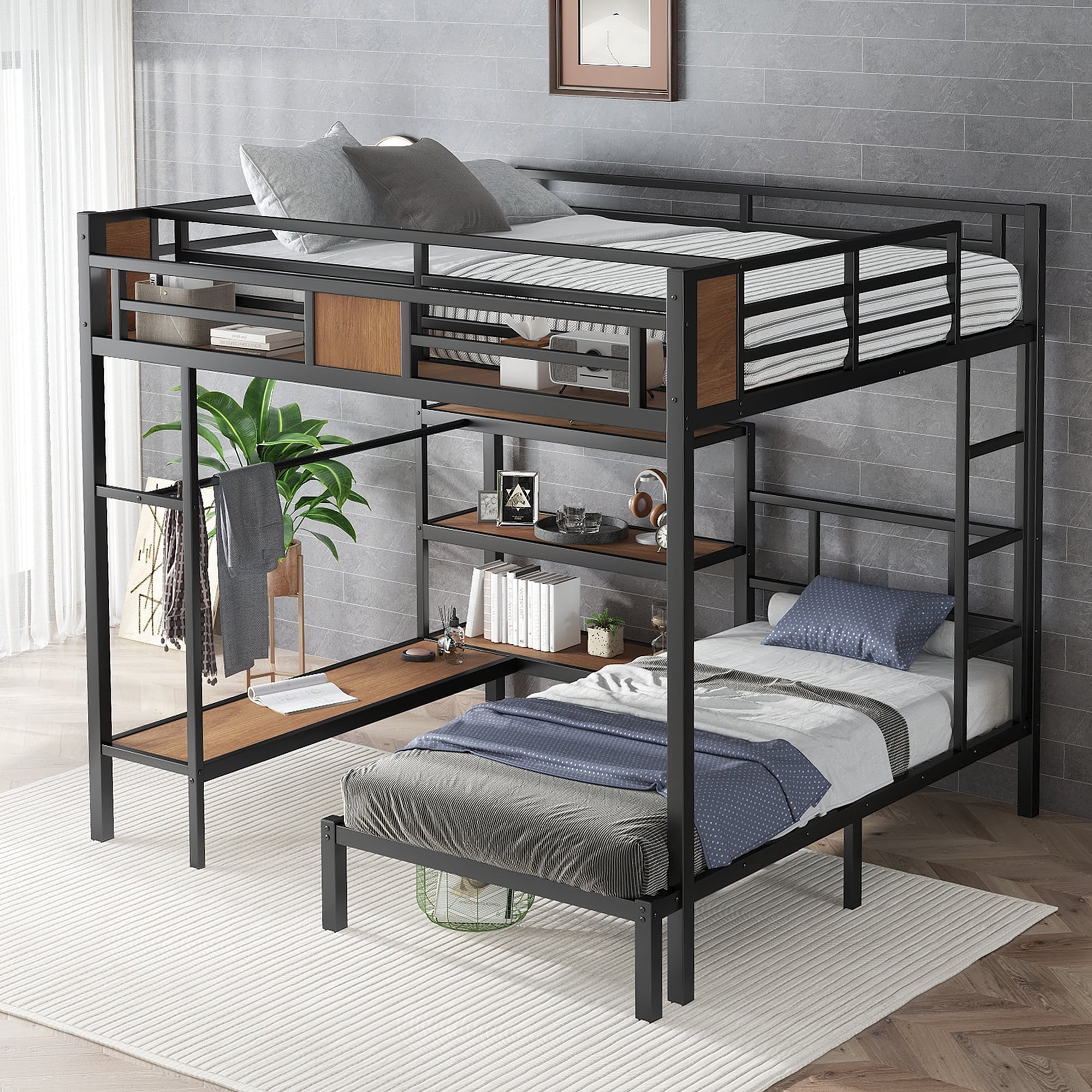 Yoneston Queen Over Twin Bunk Bed with Storage Tank On Upper Bed, Lower ...