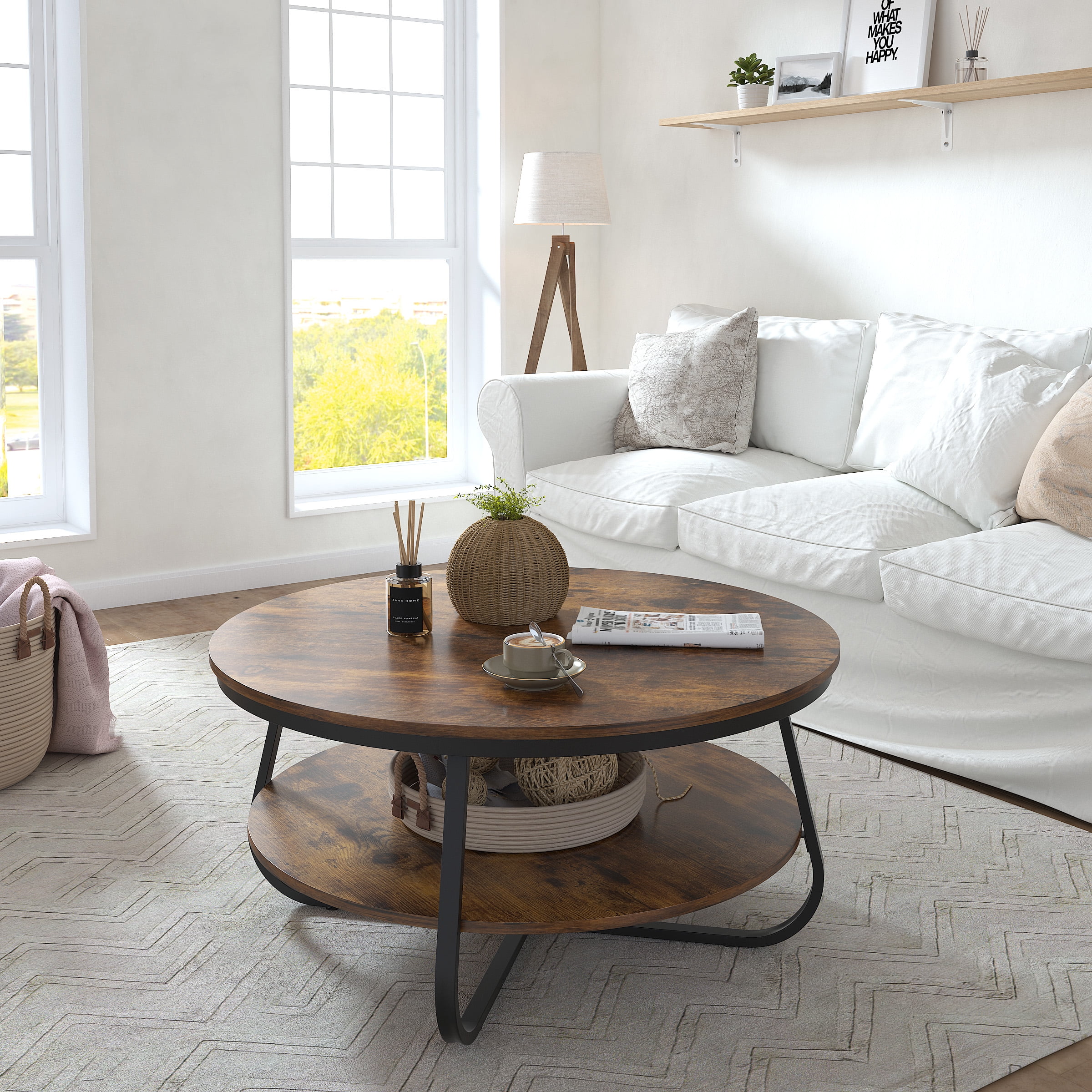 Yoneston Natural Wooden Round Coffee Table with Open Storage, 38.5inch ...