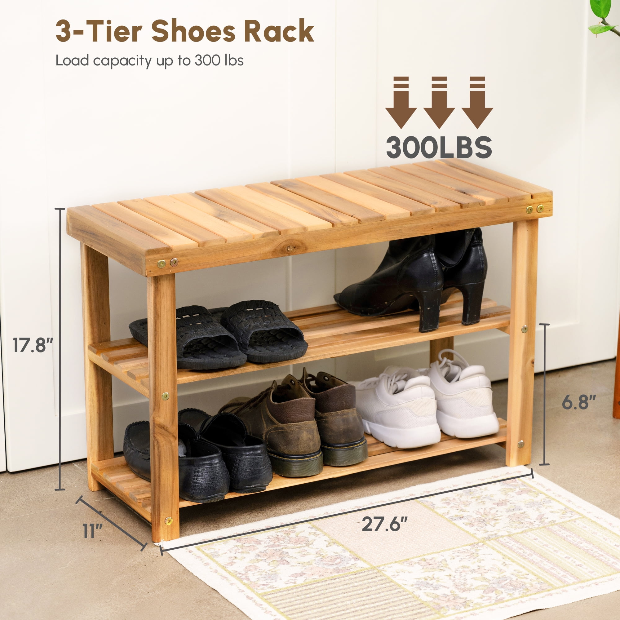 Yoneston Solid Wood Shoes Rack Bench, 3-Tier Storage Rack Organizer for ...
