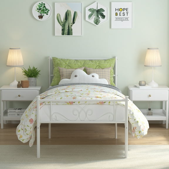 Yoneston Twin Bed with Wood Rattan Storage LED Light Headboard, Metal ...