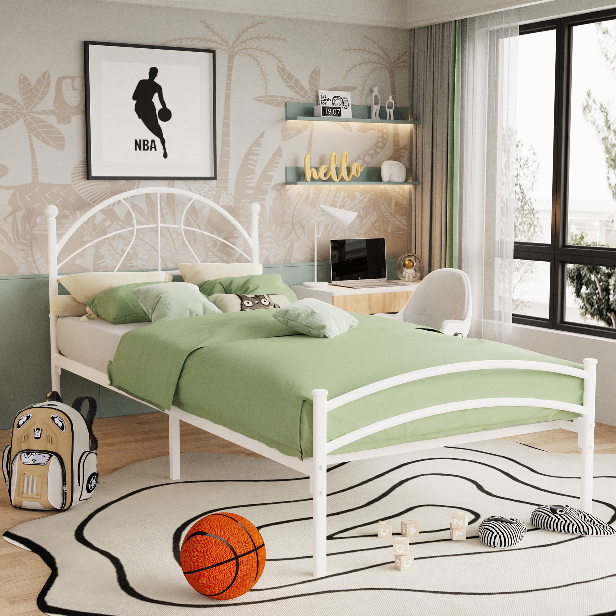 Yoneston Twin Size Bed with Basketball Headboard Heavy Duty Metal ...