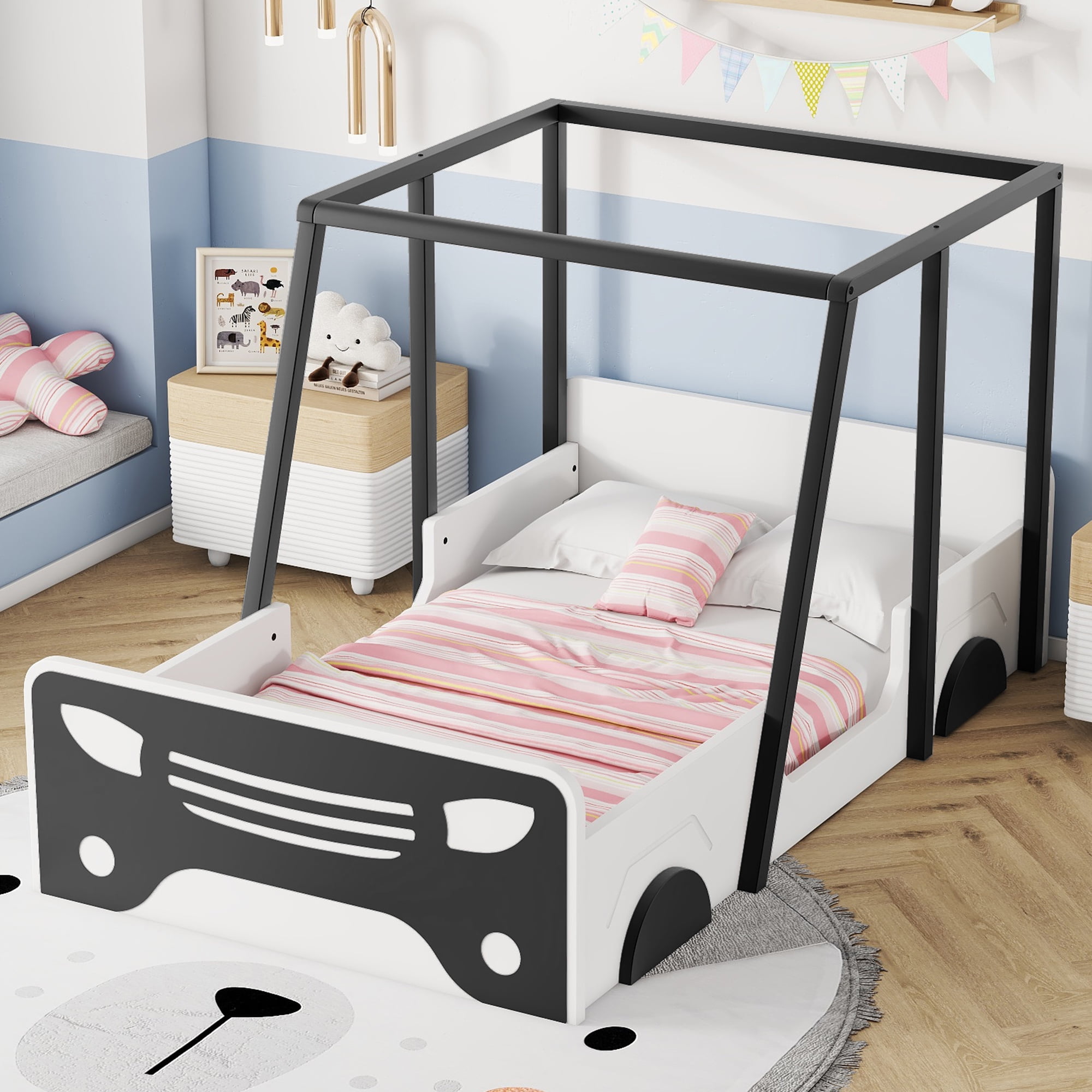 Yoneston Twin Size Car-shaped Bed with Roof, Wooden Floor Bed with ...