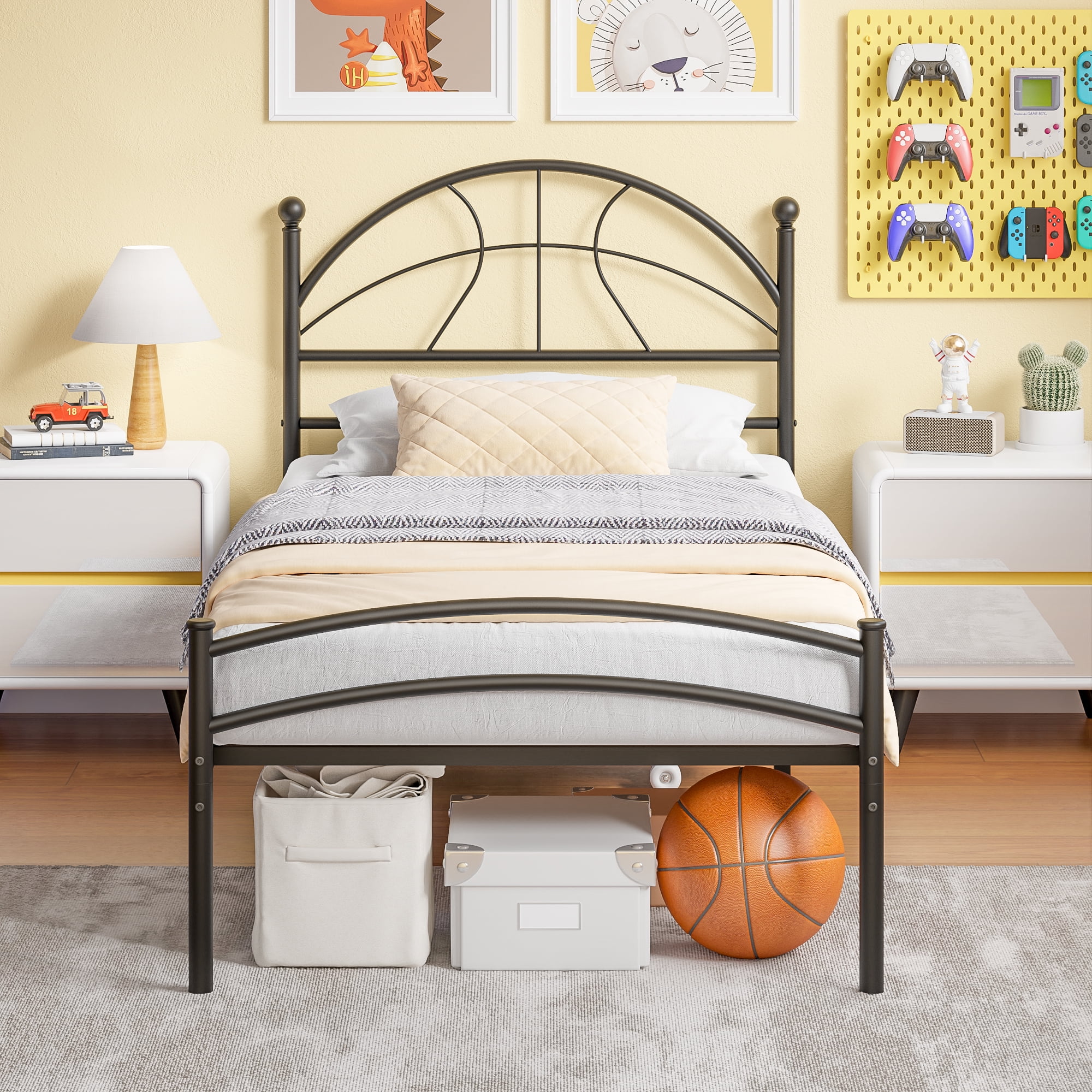 Yoneston Twin Size Kids Bed with Basketball Headboard Heavy Duty Metal ...