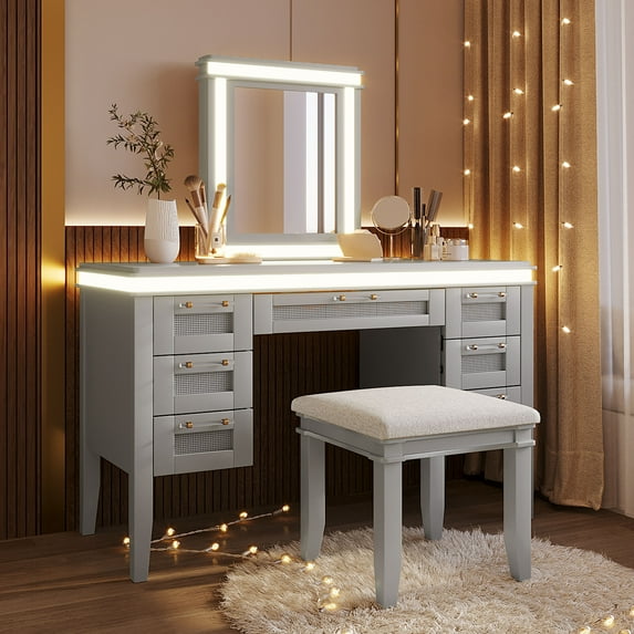 Yoneston Vanity Set with Mirror & Lights, Dressing Table with 7 Drawers ...