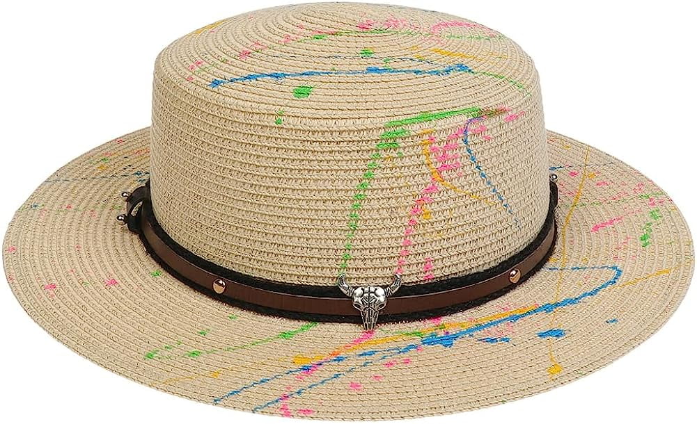 YongQiang Paint Straw Fedora Hat Women Wide Brim UV Protection Chic ...